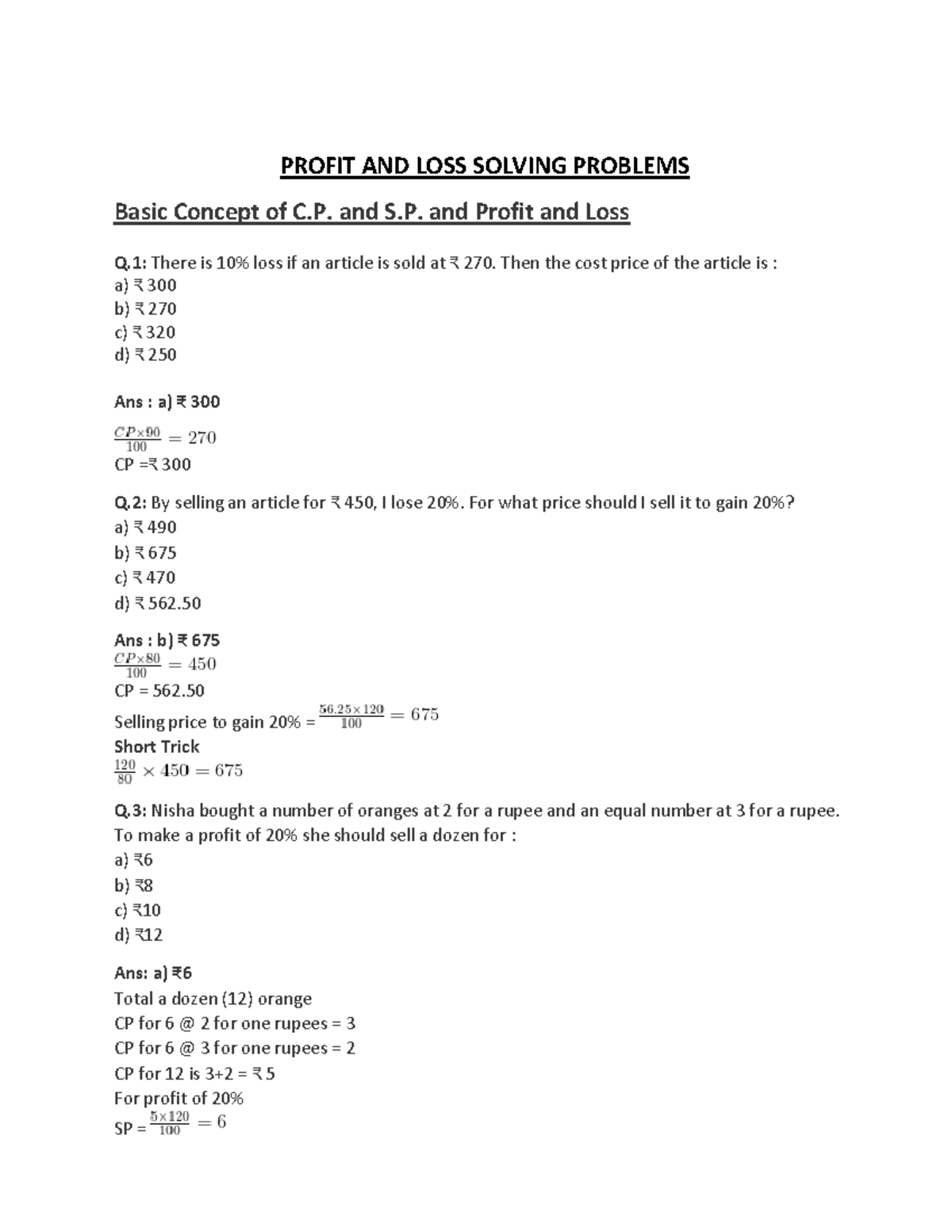 Profit AND LOSS Solving Problems - PROFIT AND LOSS SOLVING PROBLEMS ...