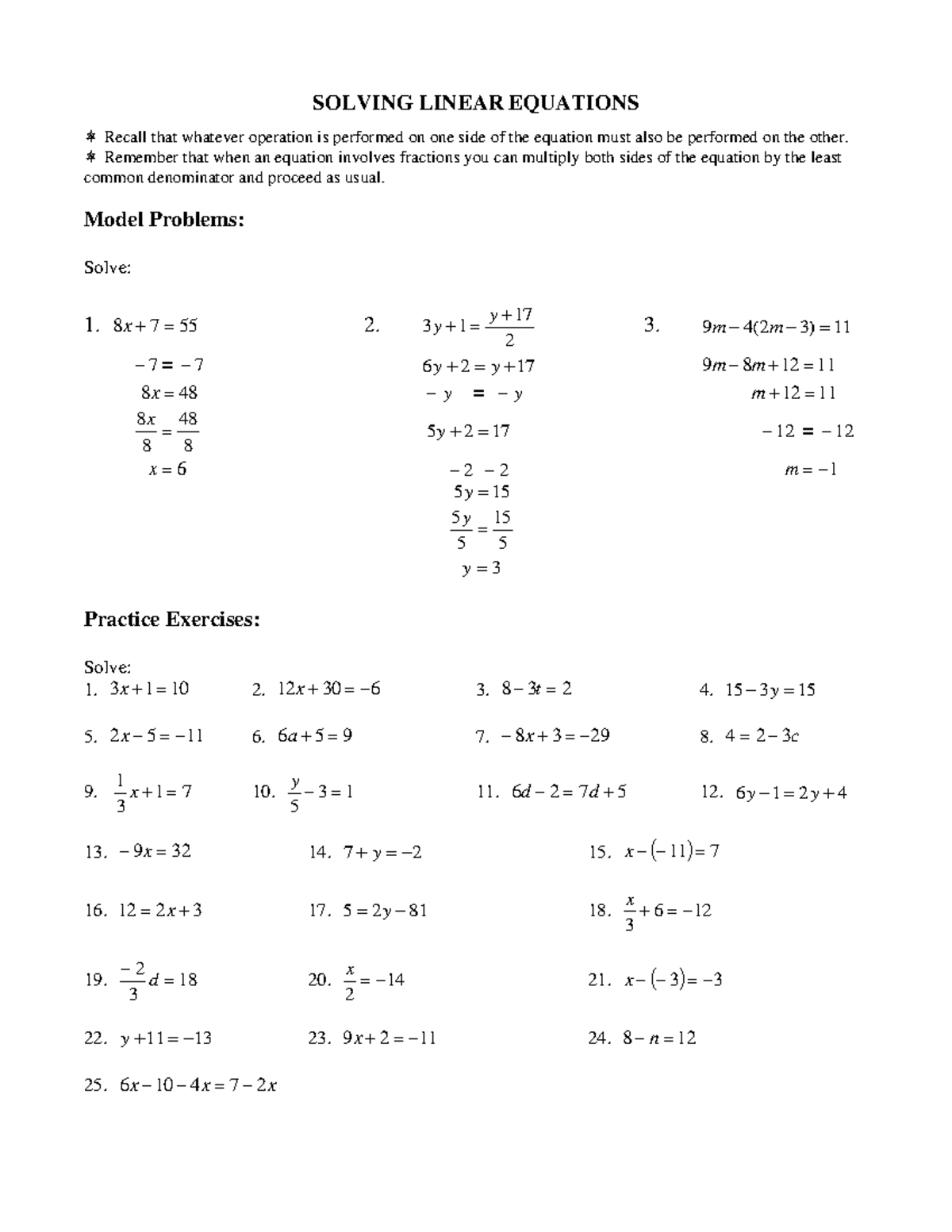 Solving Linear Equations - SOLVING LINEAR EQUATIONS Recall that ...