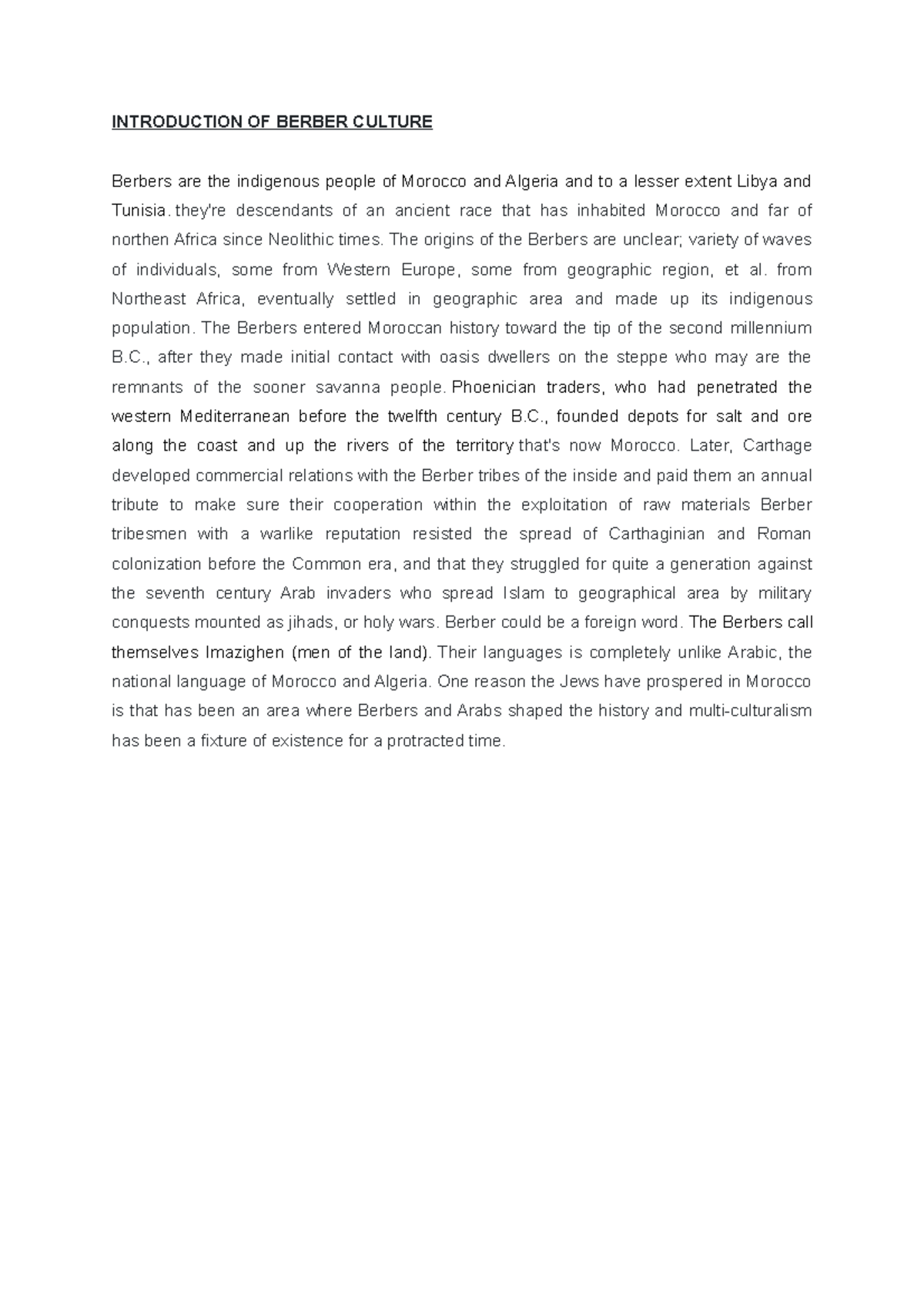 Berber Culture - eededd - INTRODUCTION OF BERBER CULTURE Berbers are ...