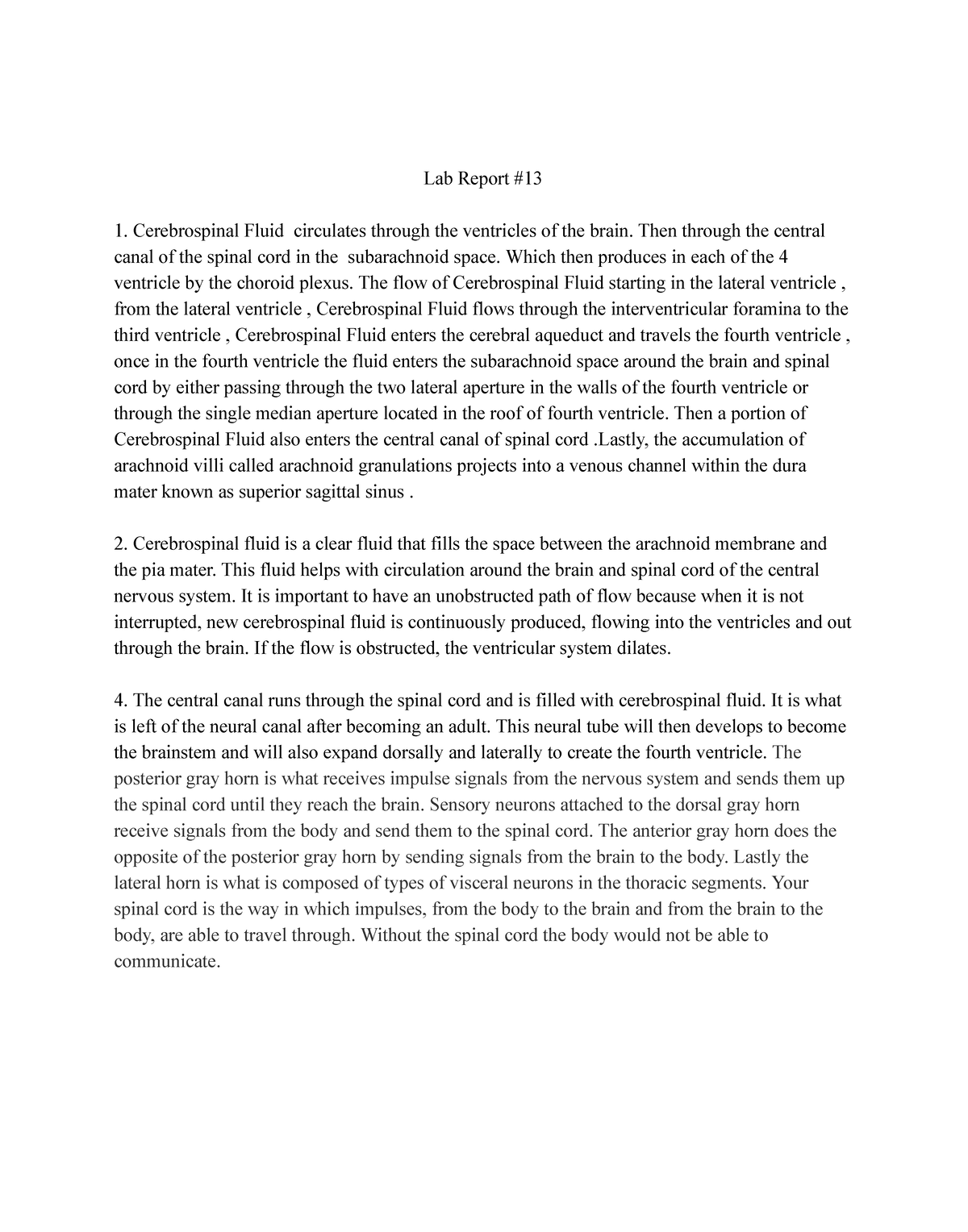 Anatomy Report 13 - Lab Report # 1. Cerebrospinal Fluid circulates ...