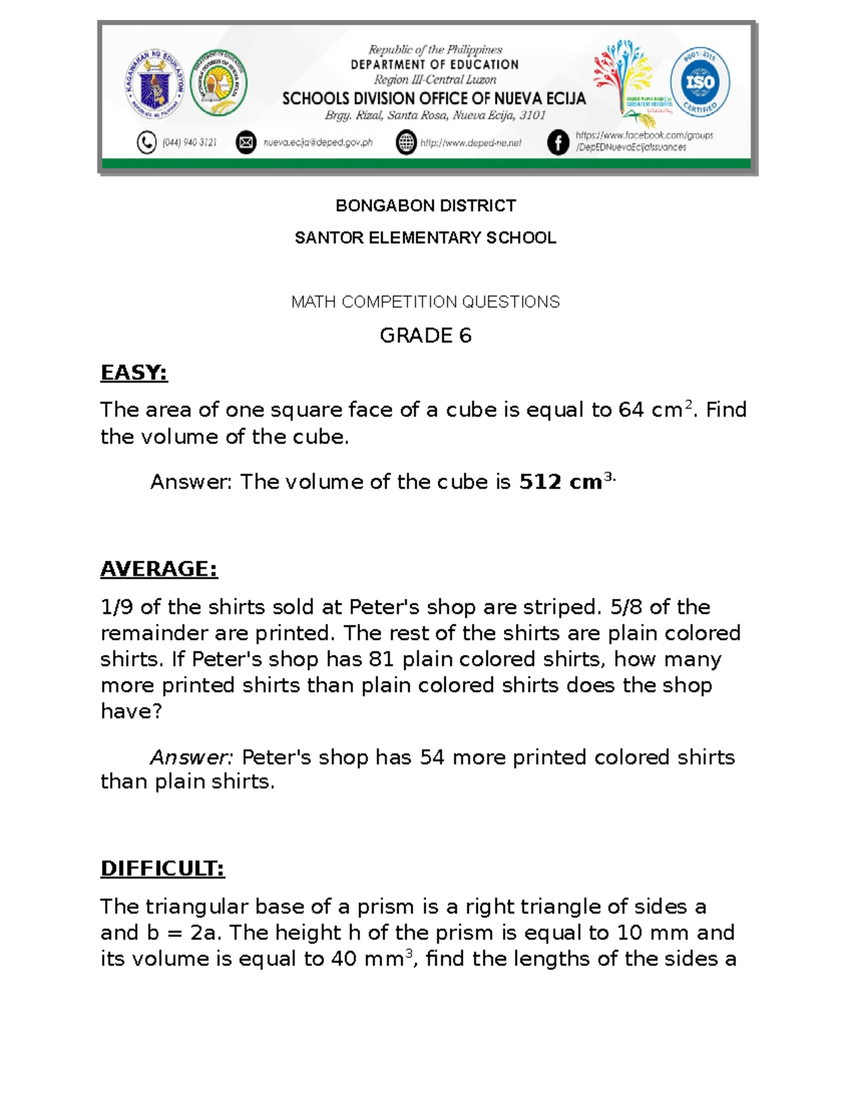 MTAP Questions 2 - MTAP - BONGABON DISTRICT SANTOR ELEMENTARY SCHOOL ...