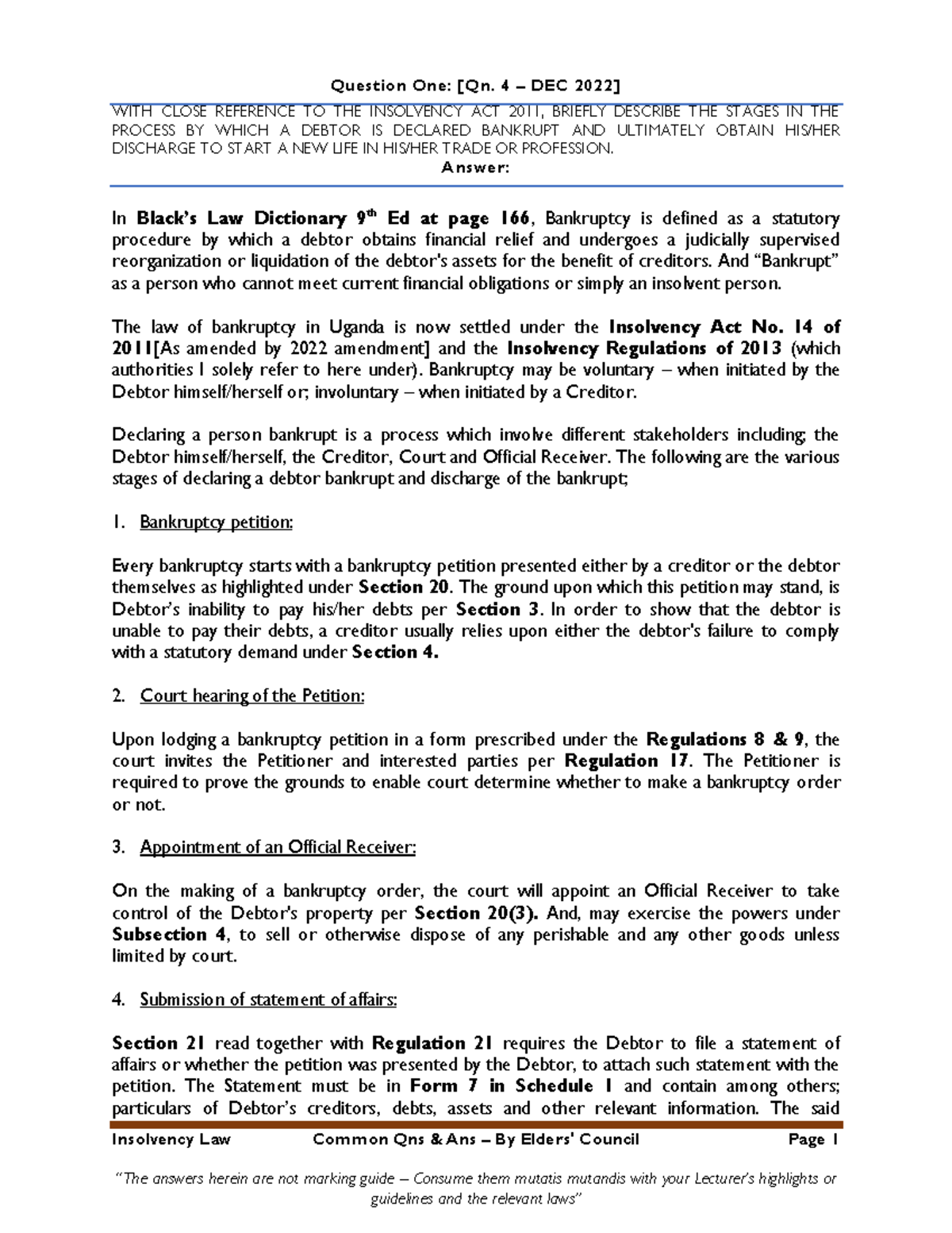 Insolvency Law - 4 – DEC 2022] WITH CLOSE REFERENCE TO THE INSOLVENCY ...