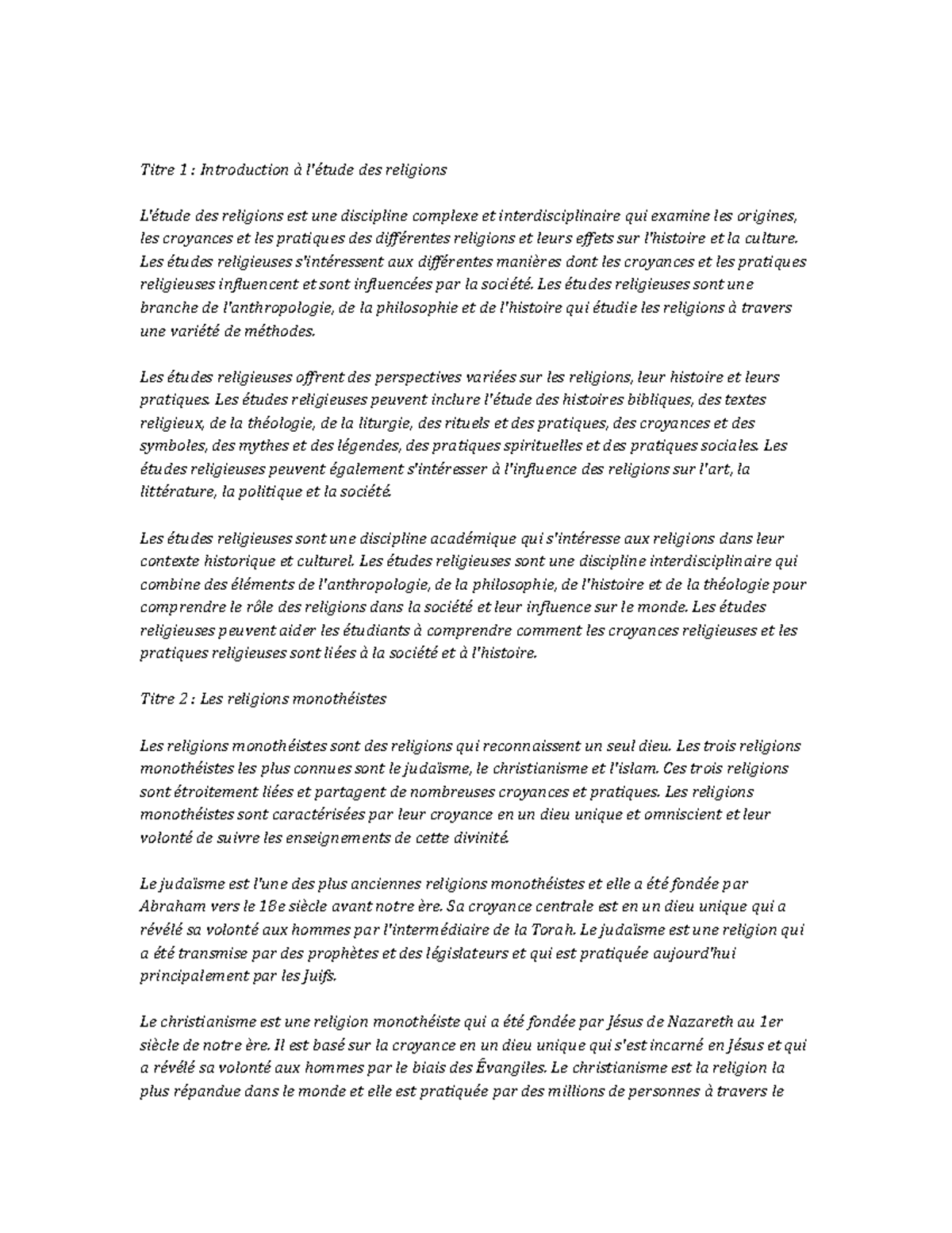 Religious Studies Notes de cours - Titre 1 : Introduction à l'étude des ...