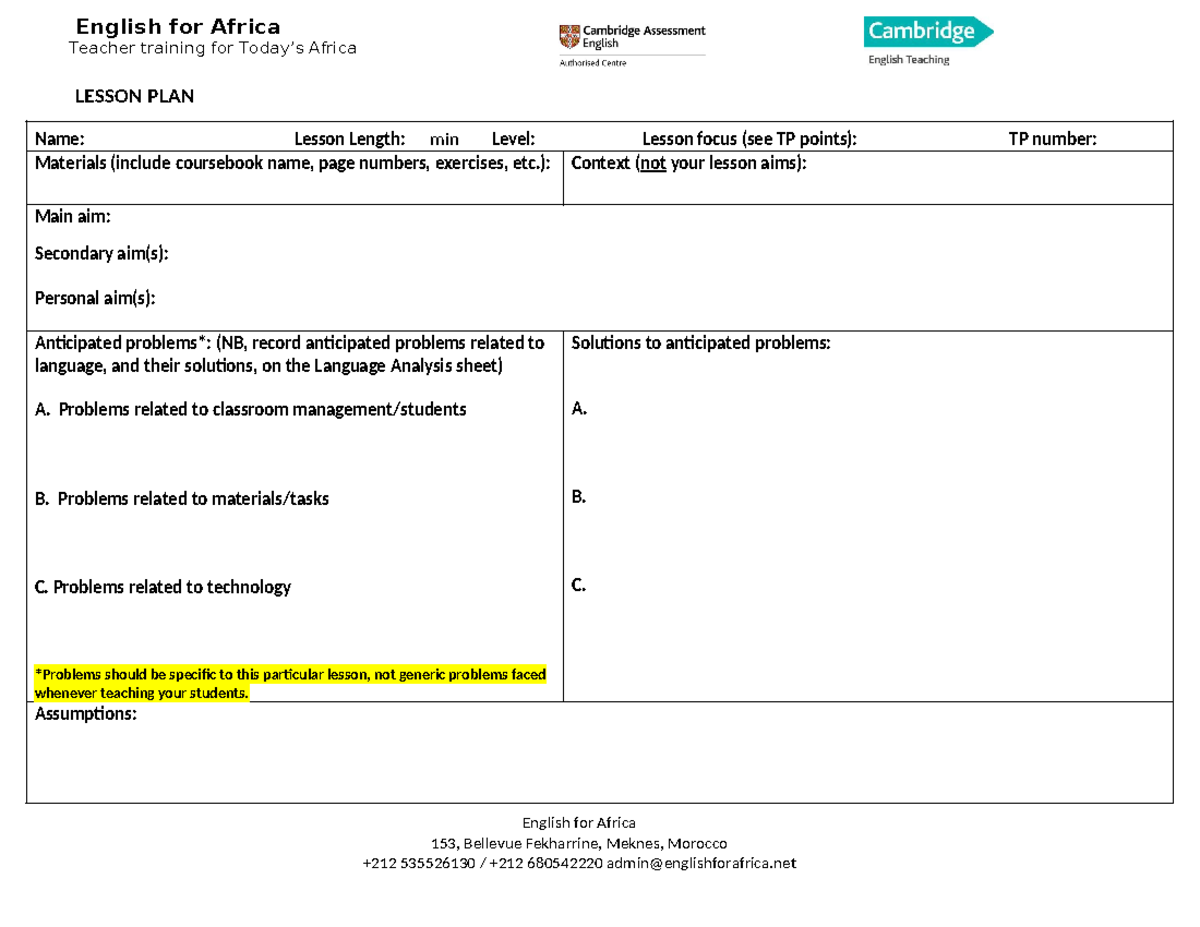 Lesson plan Online front page - English for Africa Teacher training for ...