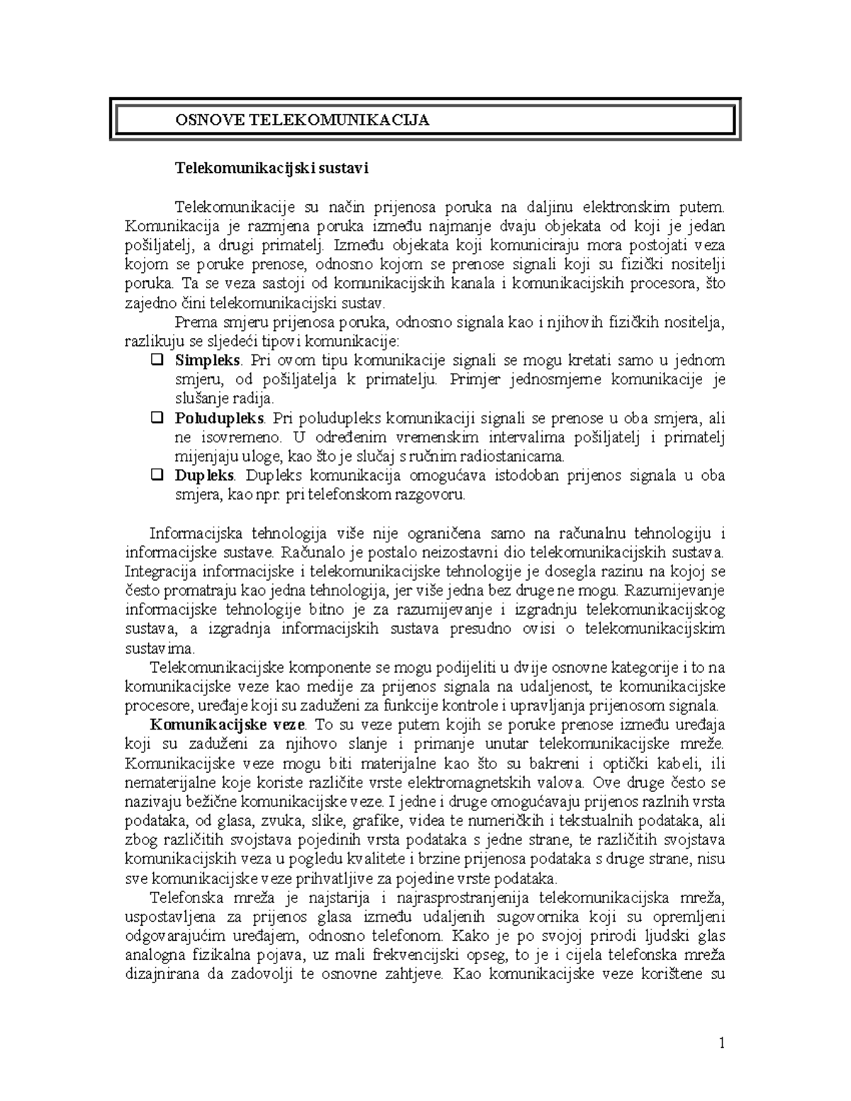Informatičke tehnologije 7 - OSNOVE TELEKOMUNIKACIJA Telekomunikacijski ...