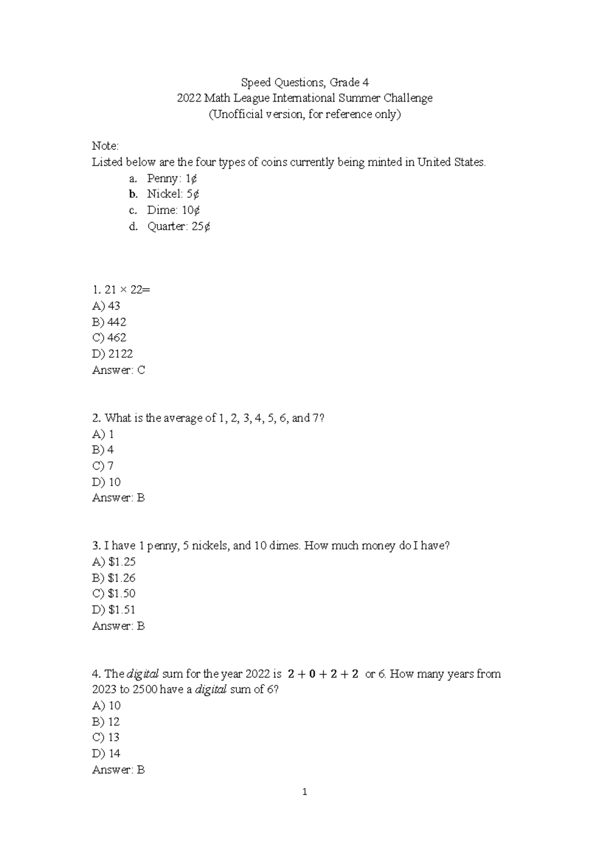2022 Math League Speed Round Grade 4 - Speed Questions, Grade 4 2022 ...