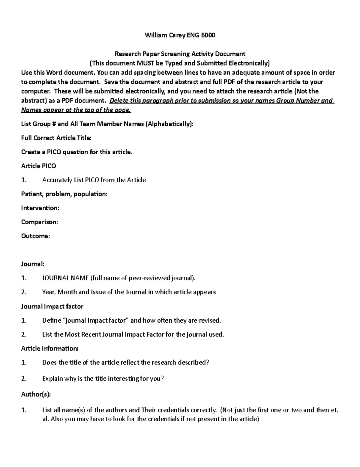Research paper screening document - William Carey ENG 6000 Research ...