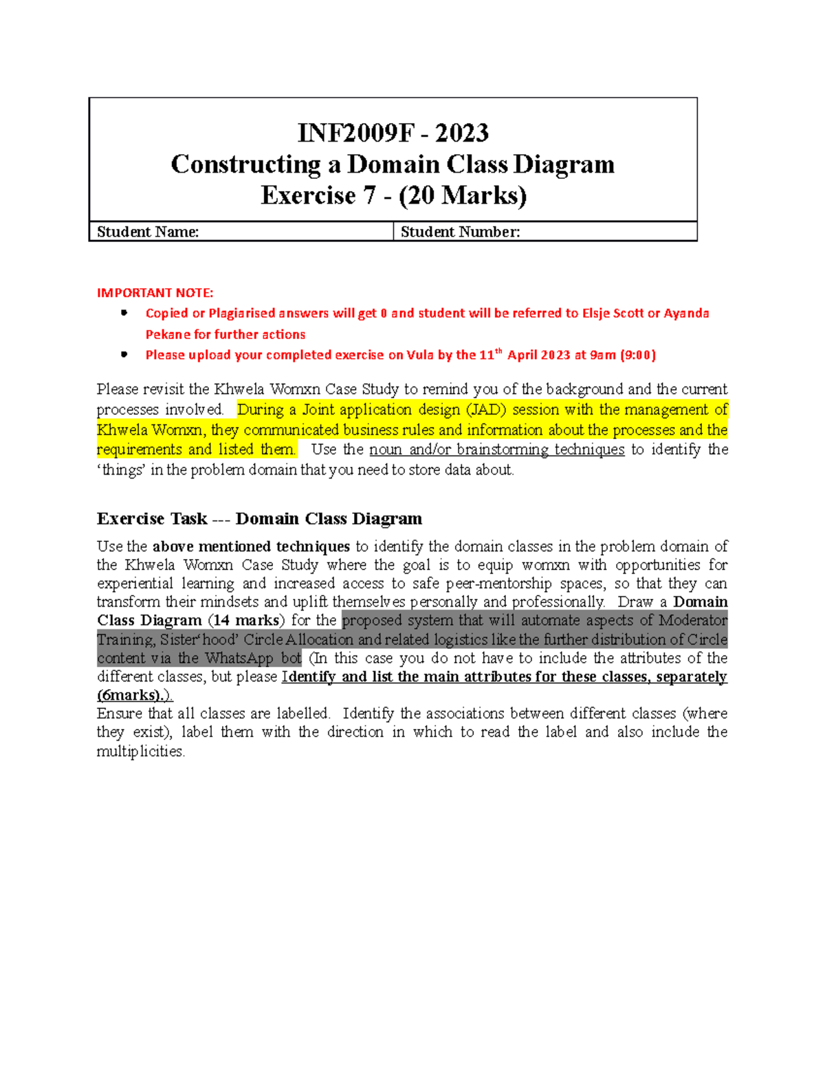 INF2009 F - Exercise 7 Domain Classes 2023 - INF2009F - UCT - Studocu