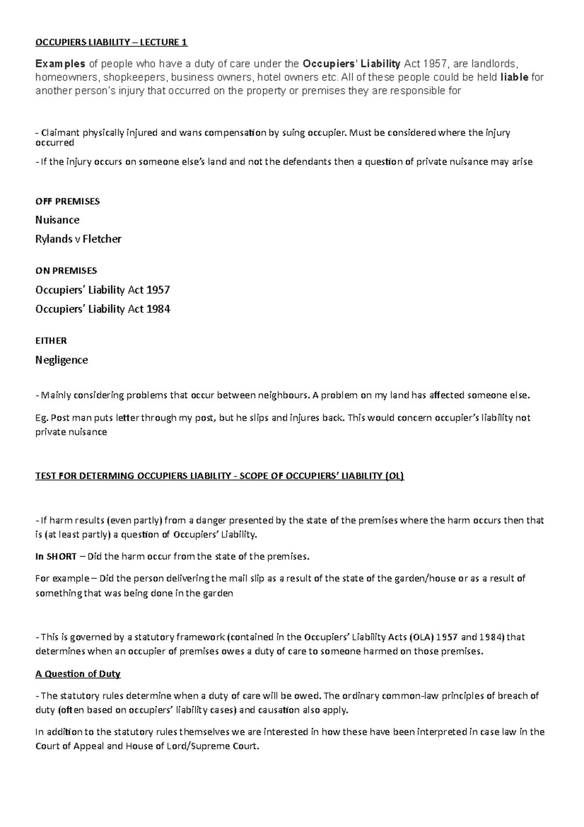 Occupiers Liability - Lecture 1 - OCCUPIERS LIABILITY – LECTURE 1 ...