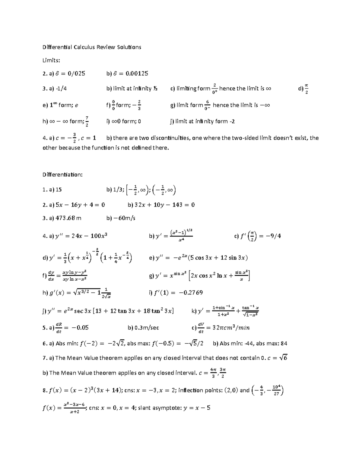 Differentiable Calculus Review Fall 2023 - Differen al Calculus Review ...