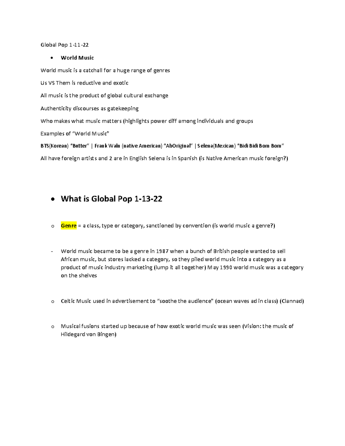 Global pop notes - Global Pop 1-11- World Music World music is a ...