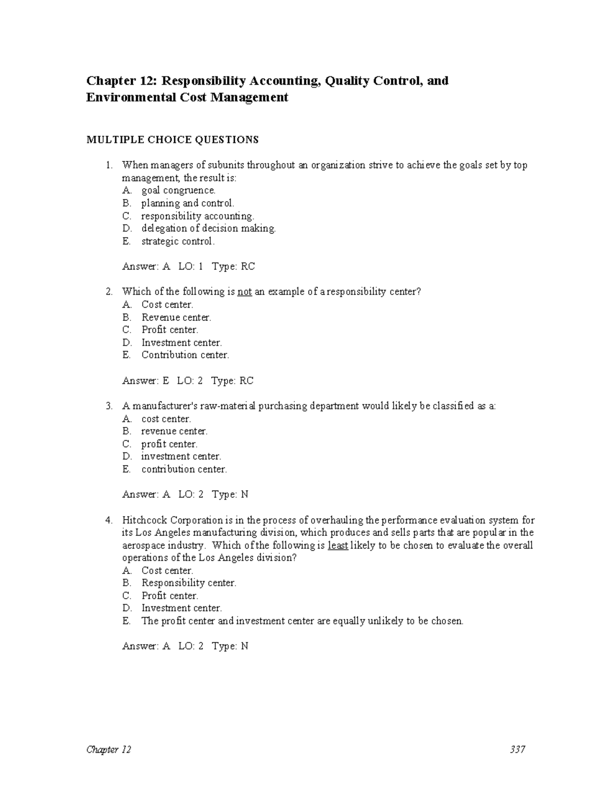 Chapter 12 - For MAS - Chapter 12: Responsibility Accounting, Quality ...