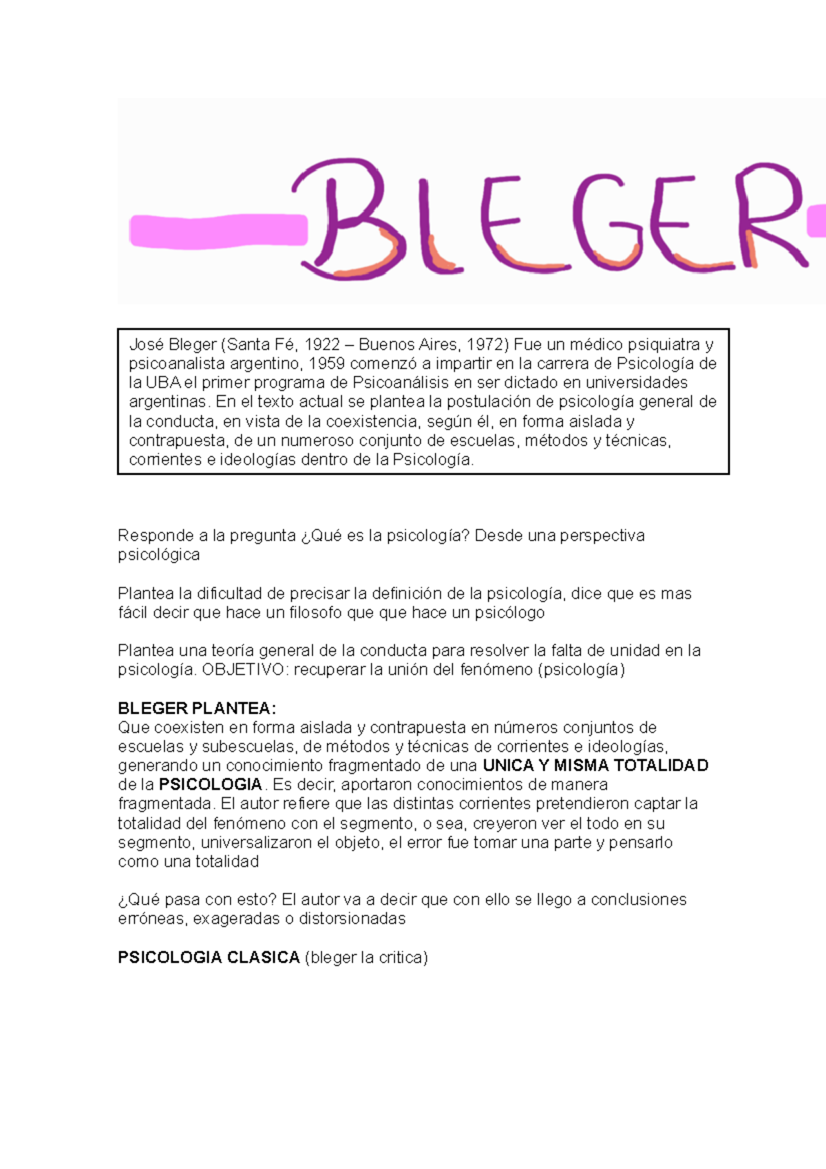 Bleger Resumen catedra quatrochi año 2021 - Responde a la pregunta ¿Qué ...