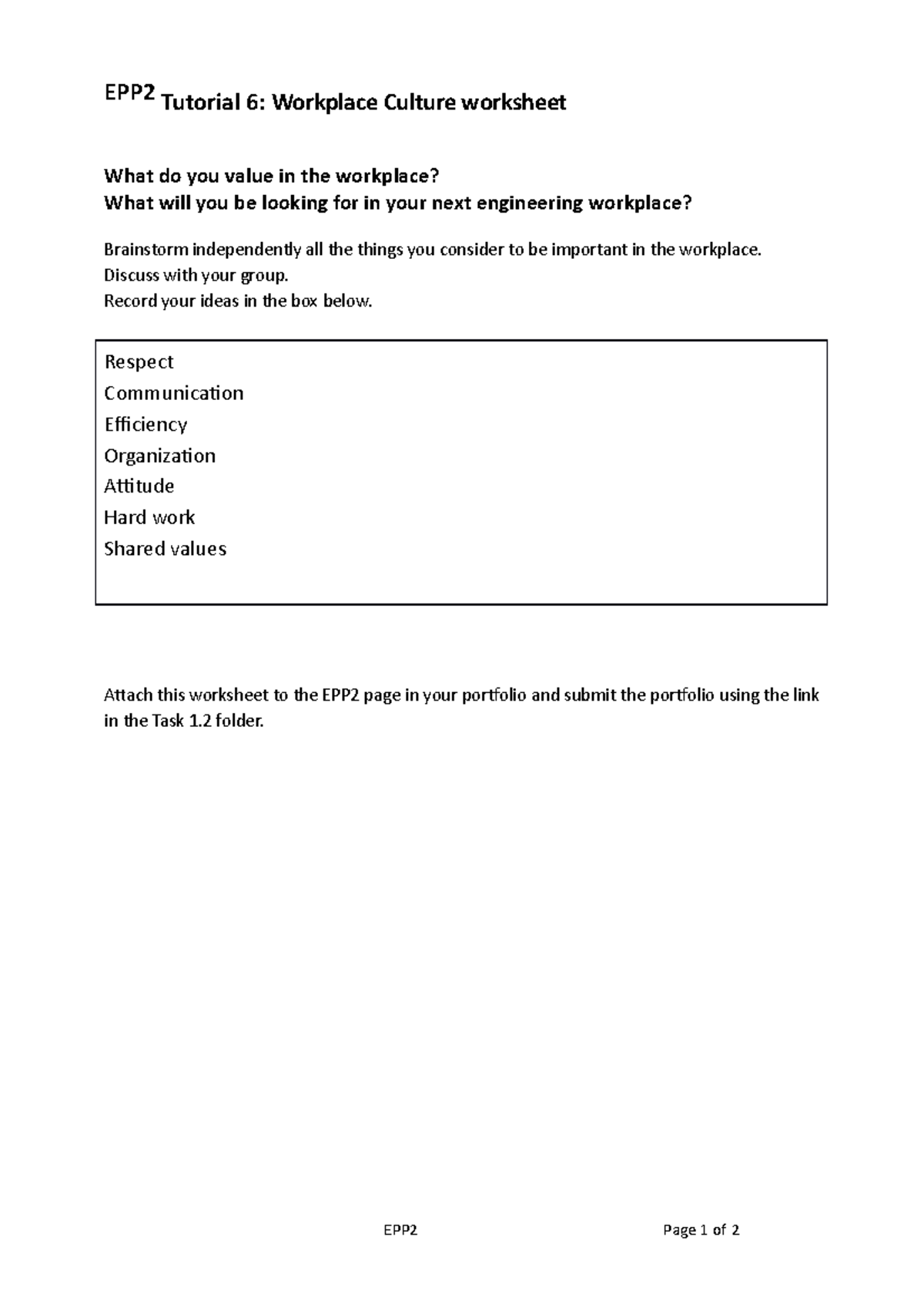 Worksheet 5 - Workshop 5 - EPP2 Tutorial 6: Workplace Culture worksheet ...