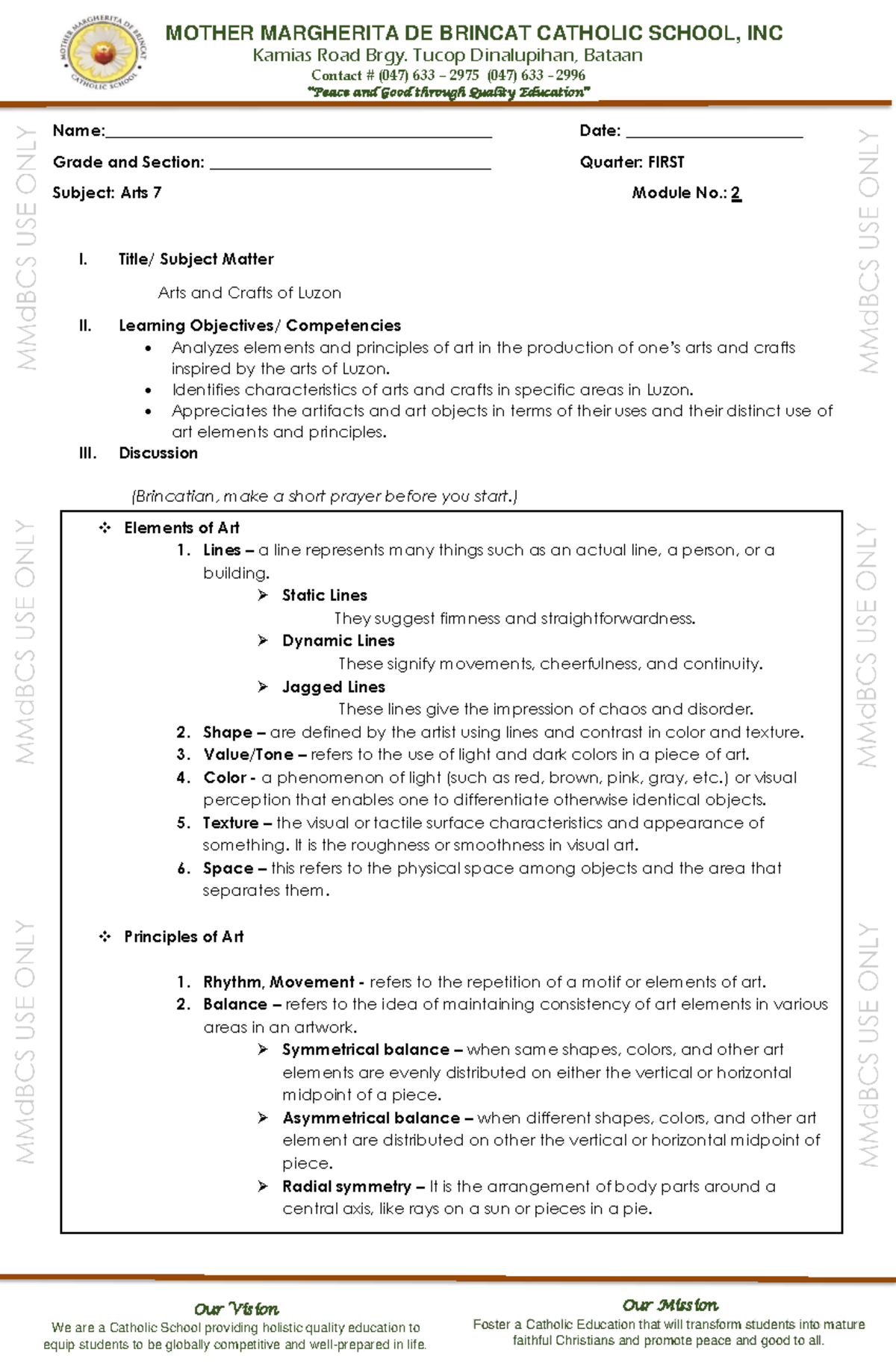 Arts 7 Module 2 First Quarter - MOTHER MARGHERITA DE BRINCAT CATHOLIC ...