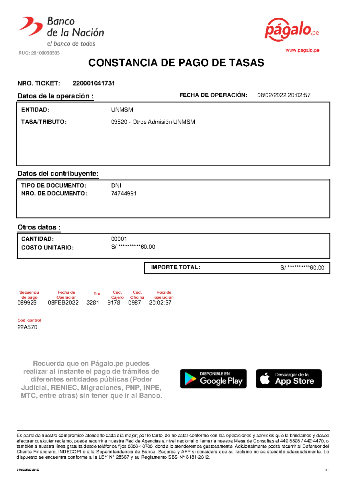 Constancia - hpla - CONSTANCIA DE PAGO DE TASAS RUC: 20100030595 pagalo FECHA DE OPERACIÓN ...