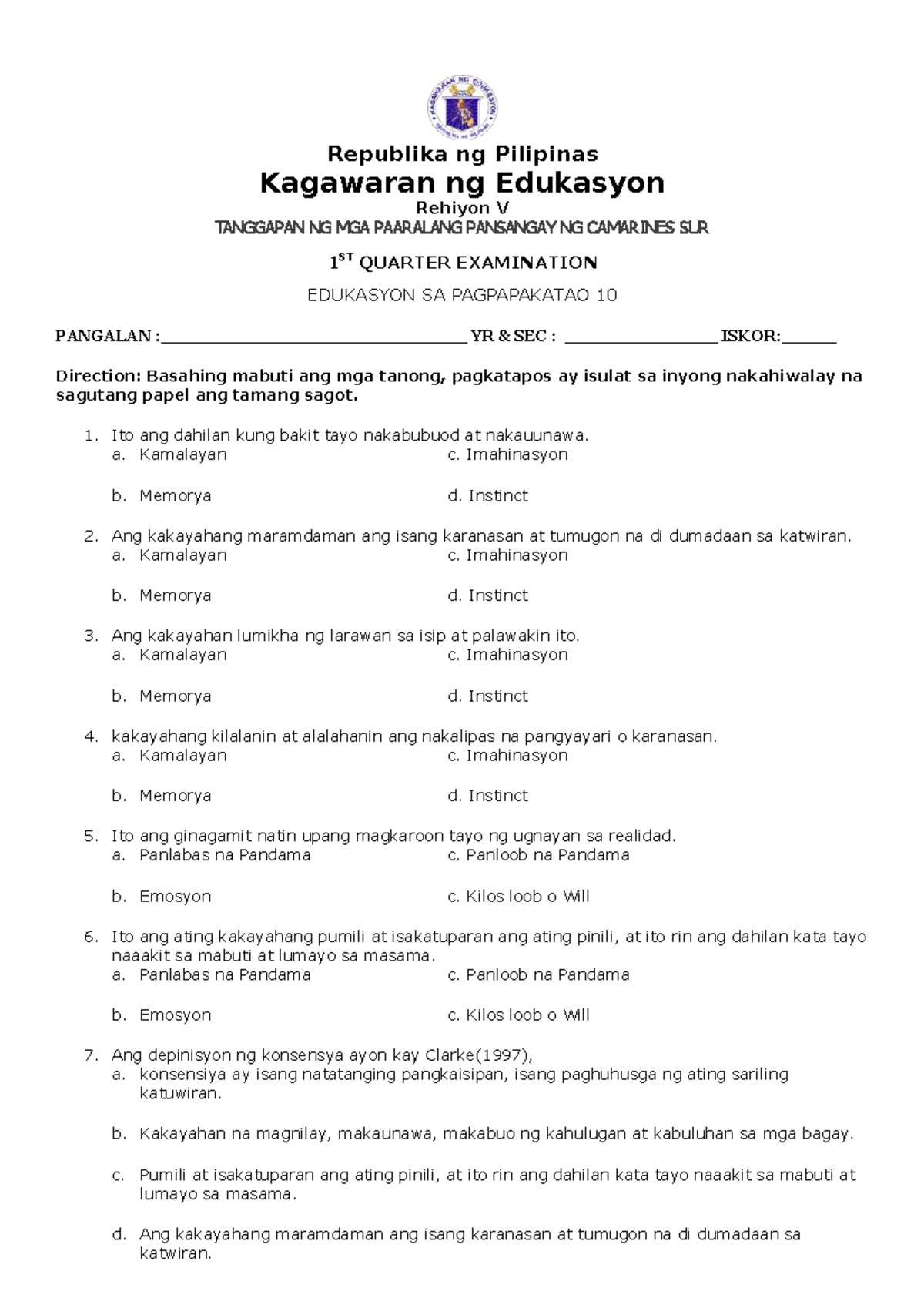 TQ - Sample Test Question - Republika ng Pilipinas Kagawaran ng ...