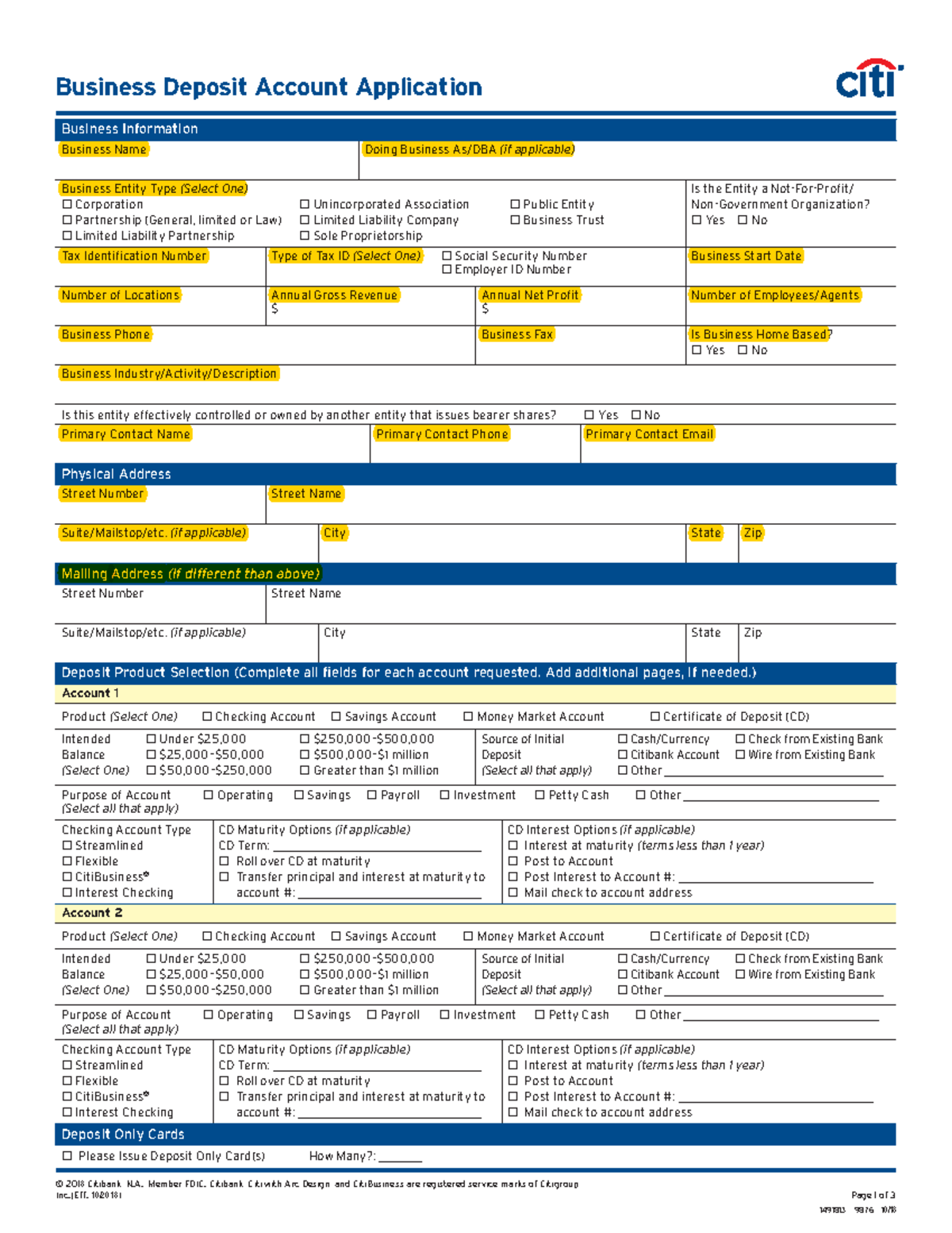 Blank citibusiness deposit account application - 1491813 9876 10/ Page ...