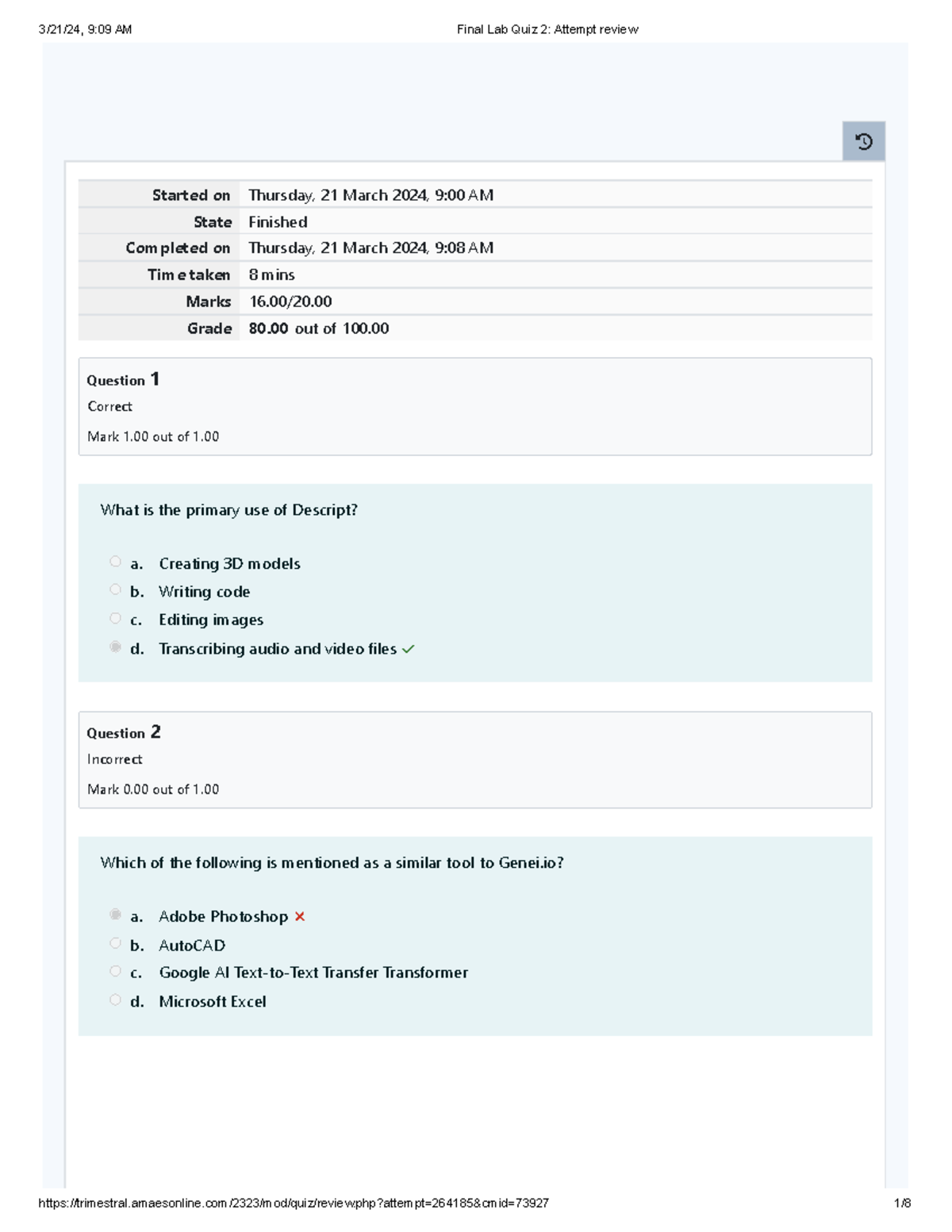 Lab Quiz 2 AI Prompt Engineering (not perfect) - Started on Thursday, 21 March 2024, 9:00 AM ...