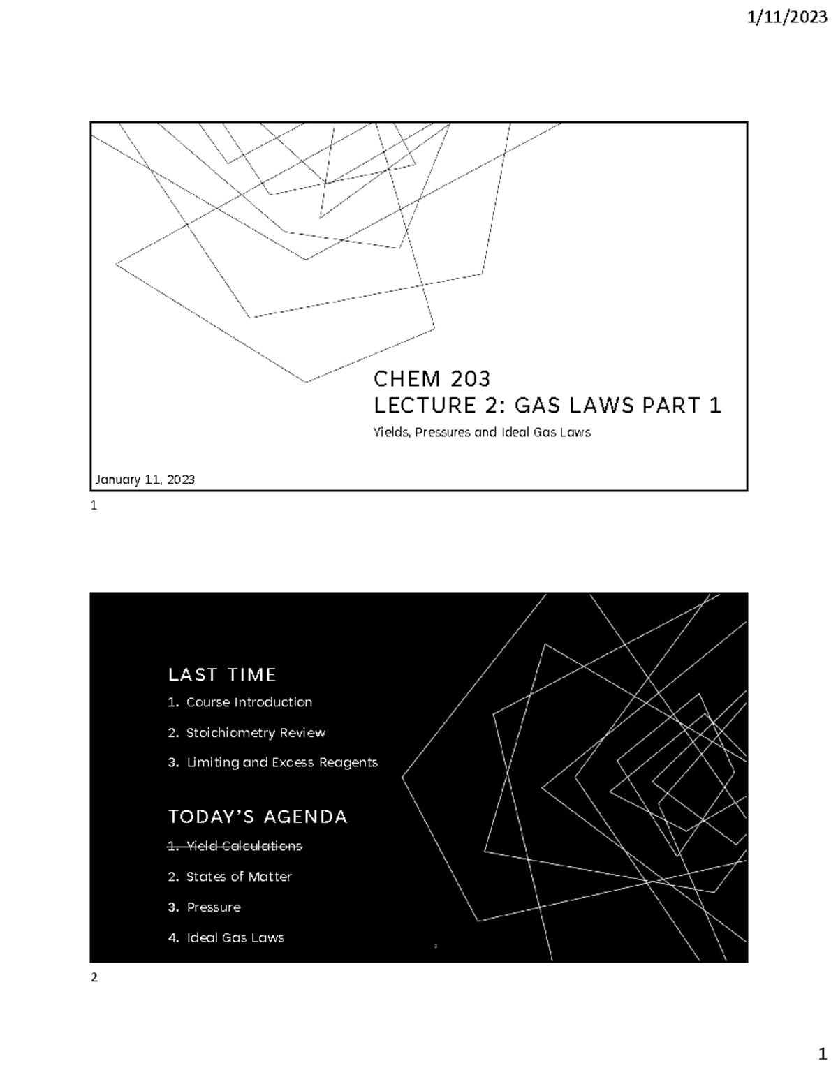 Lecture 2-Gas Laws P1 11-01-23 - CHEM 203 LECTURE 2: GAS LAWS PART 1 ...
