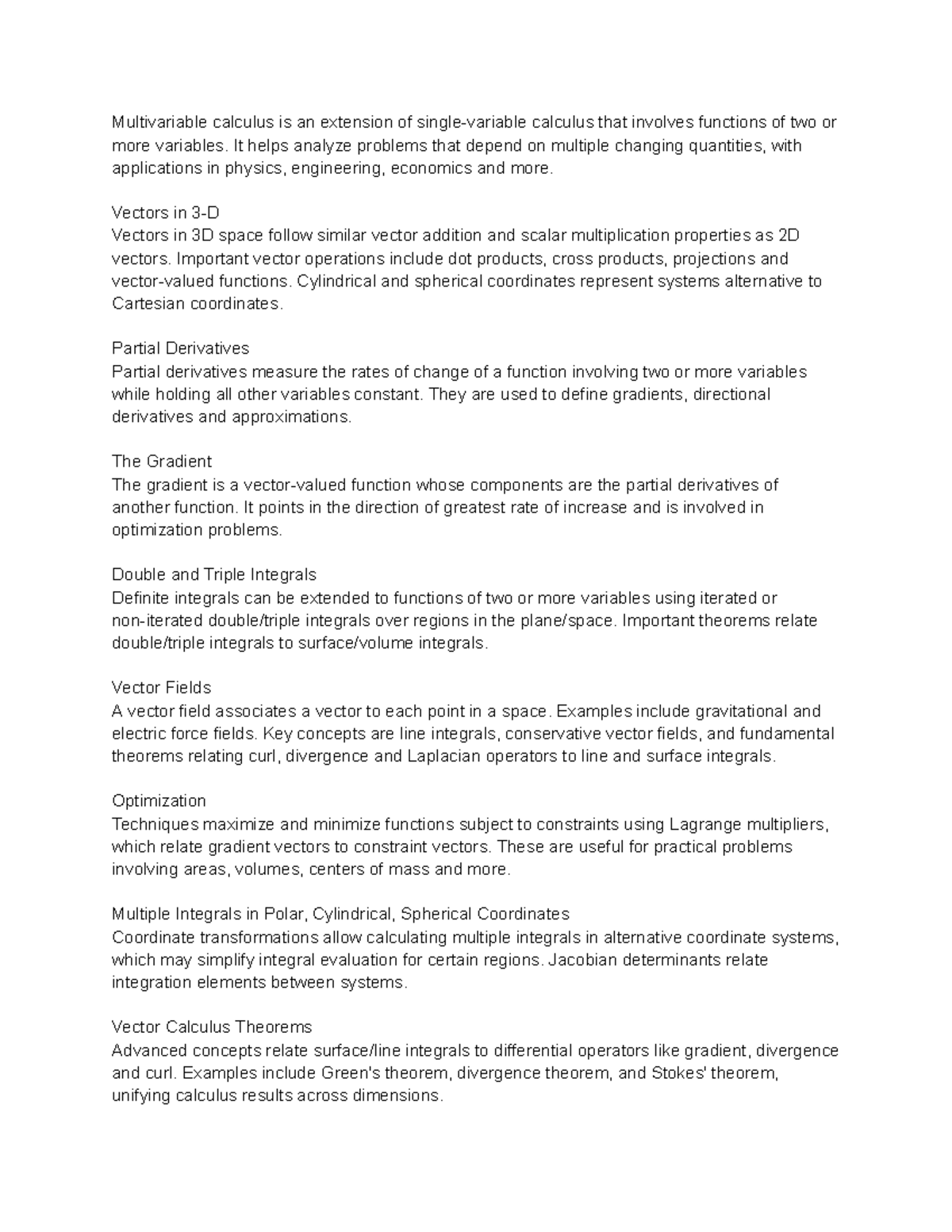 Multivar notes - Multivariable calculus is an extension of single ...