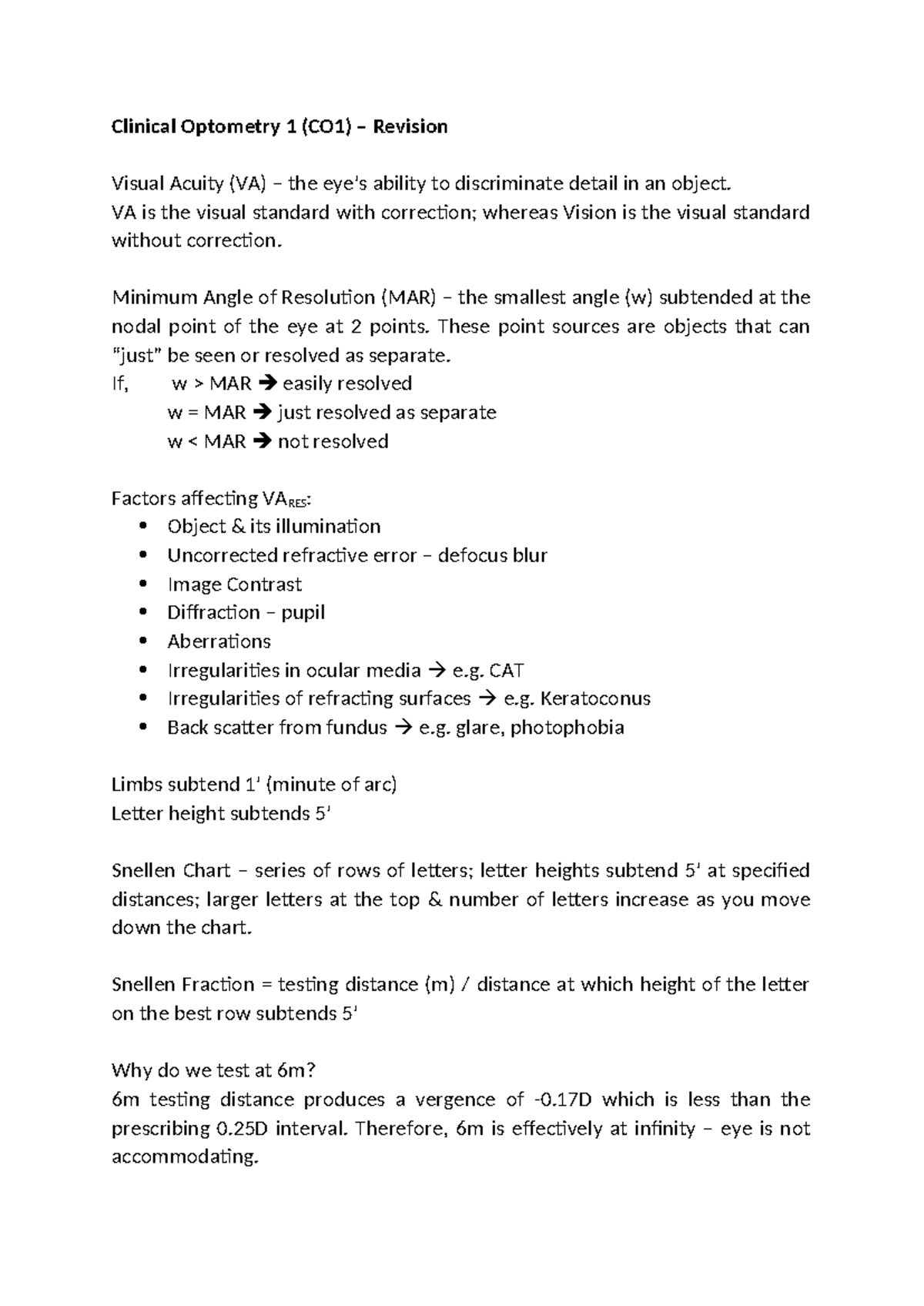 Clinical Optometry 1 - Revision - Clinical Optometry 1 (CO1) – Revision ...