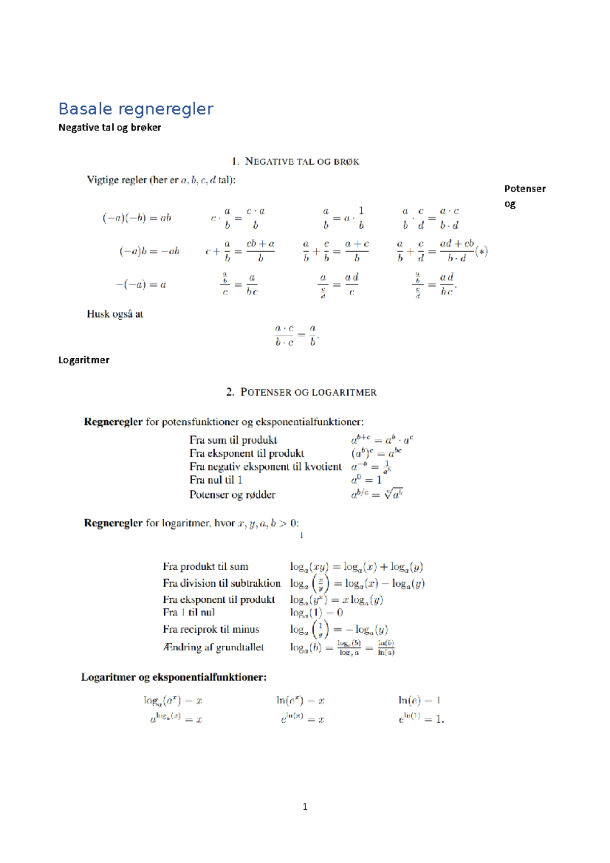 Formelsamling - Basale regneregler Negative tal og brøker Potenser og ...