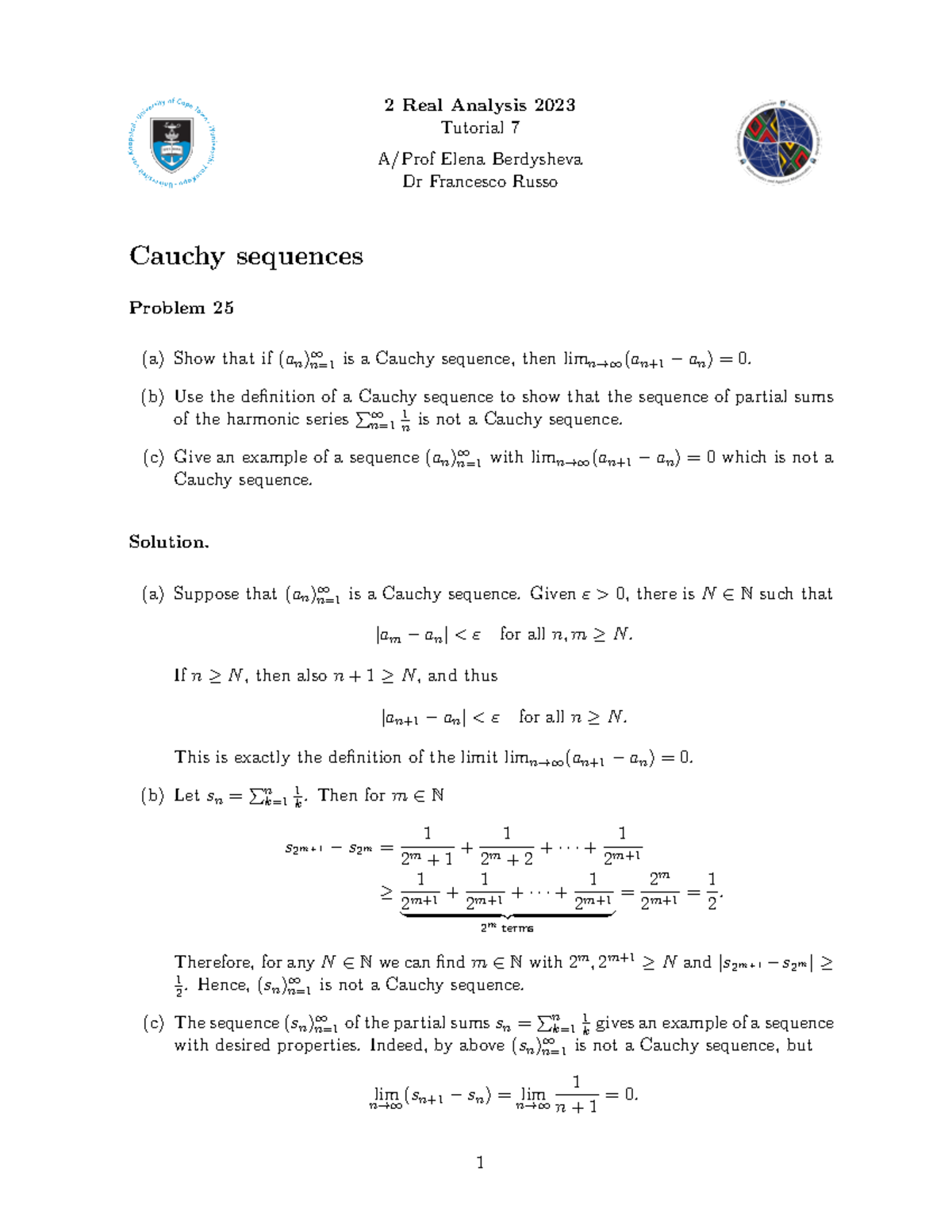 Real analysis tut7 solution - 2 Real Analysis 2023 Tutorial 7 A/Prof Elena Berdysheva Dr ...