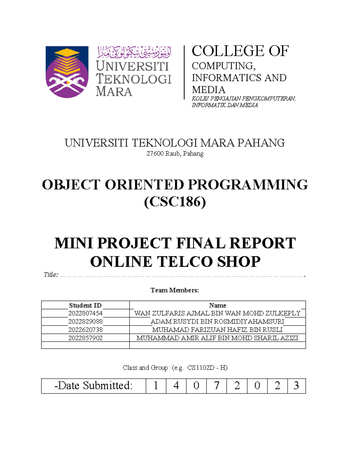 1 CSC186 Front Page Final Report - COLLEGE OF COMPUTING, INFORMATICS ...