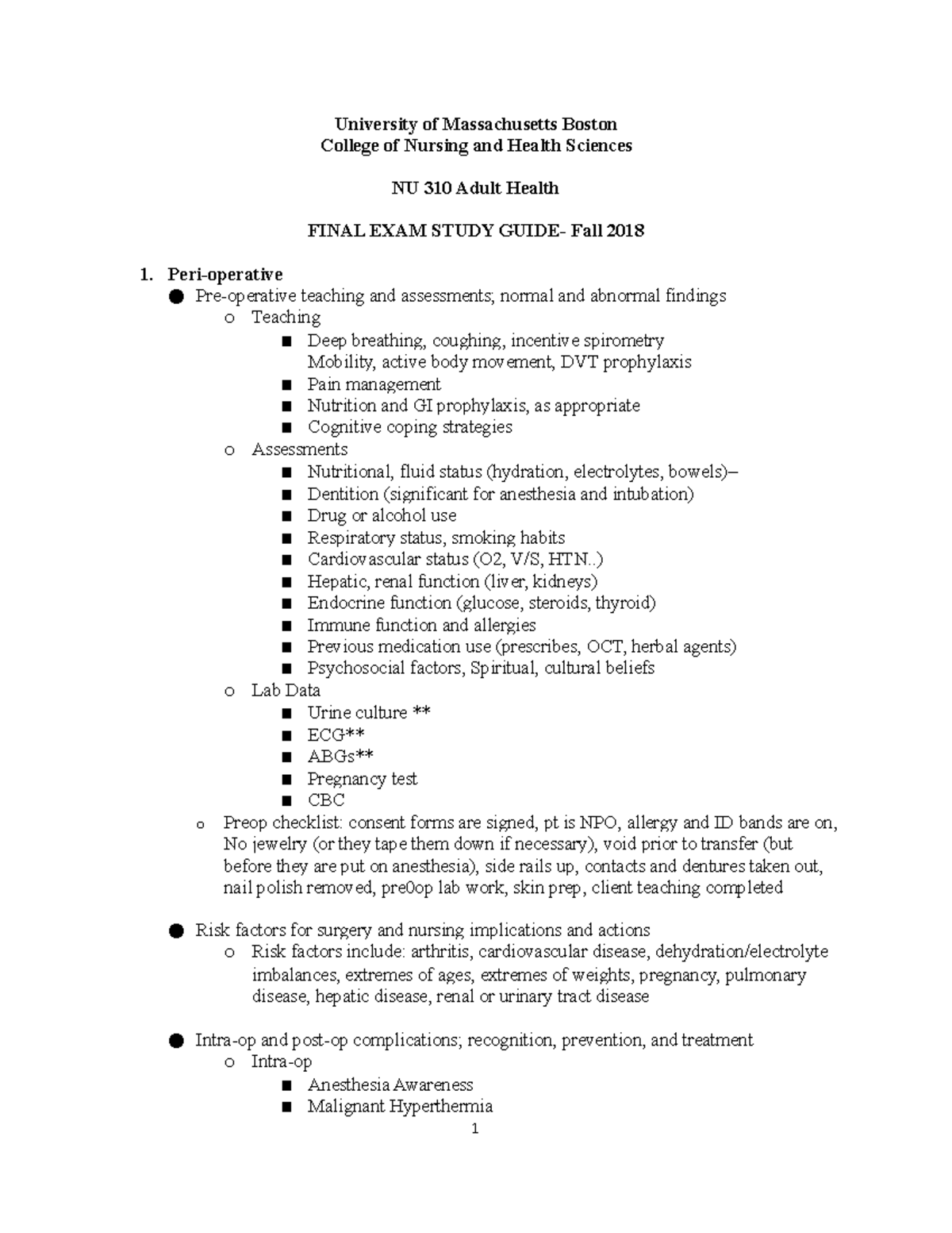 NU 310 Final Exam Study Guide Fall 2018 - University of Massachusetts ...