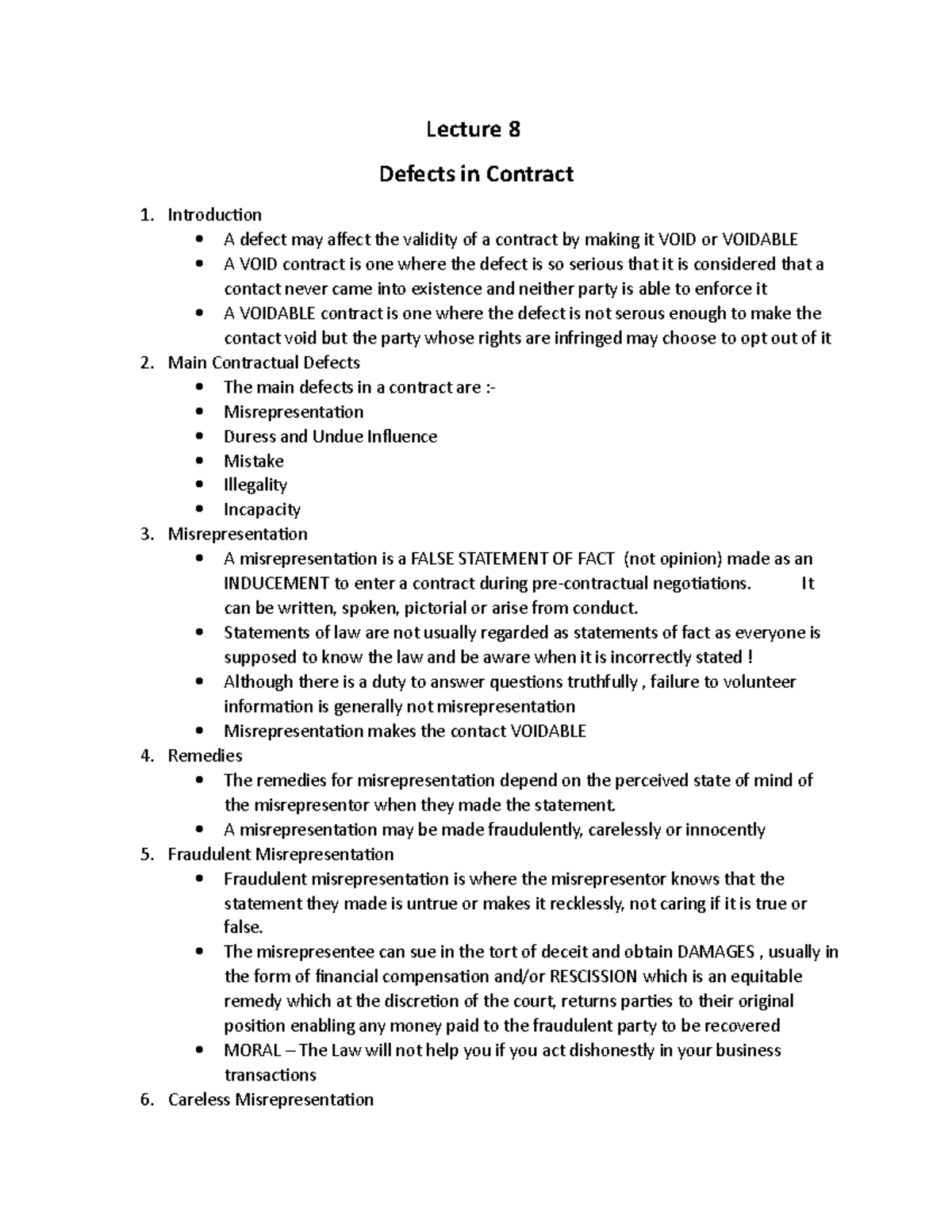 Defects in Contracts - Lecture 8 Defects in Contract 1. Introduction A ...