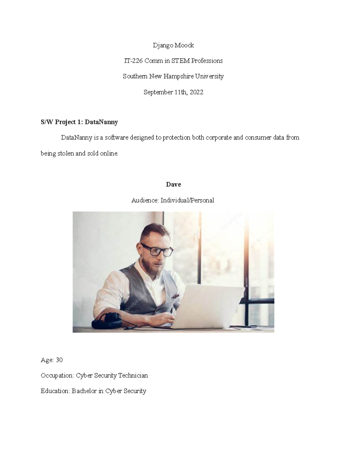 2-1 Milestone Activity Audience Persona - Django Moock IT-226 Comm in STEM Professions Southern ...