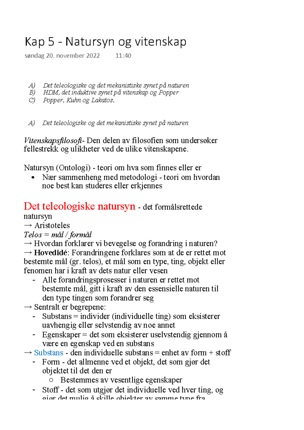 Kap 5 - Natursyn og vitenskap - A) Det teleologiske og det mekanistiske ...