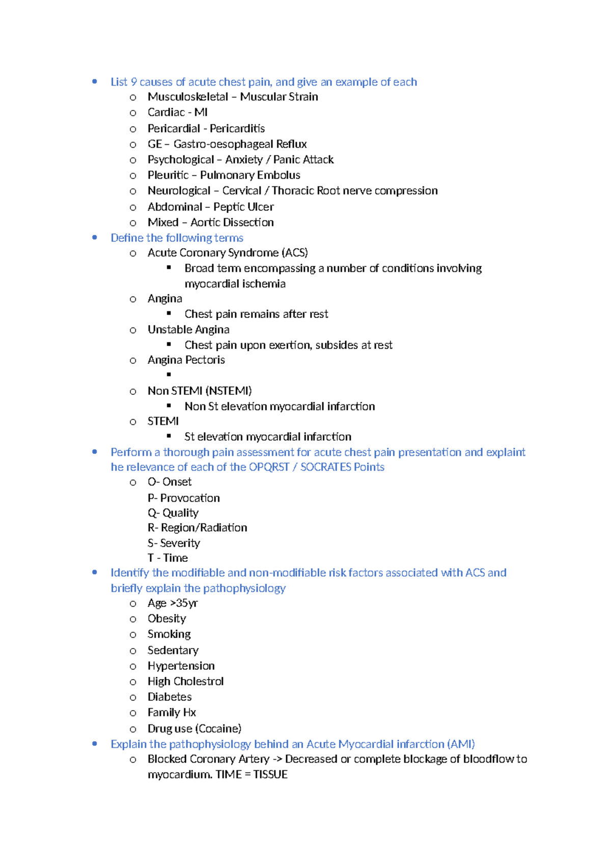 Week 6 Notes - List 9 causes of acute chest pain, and give an example ...