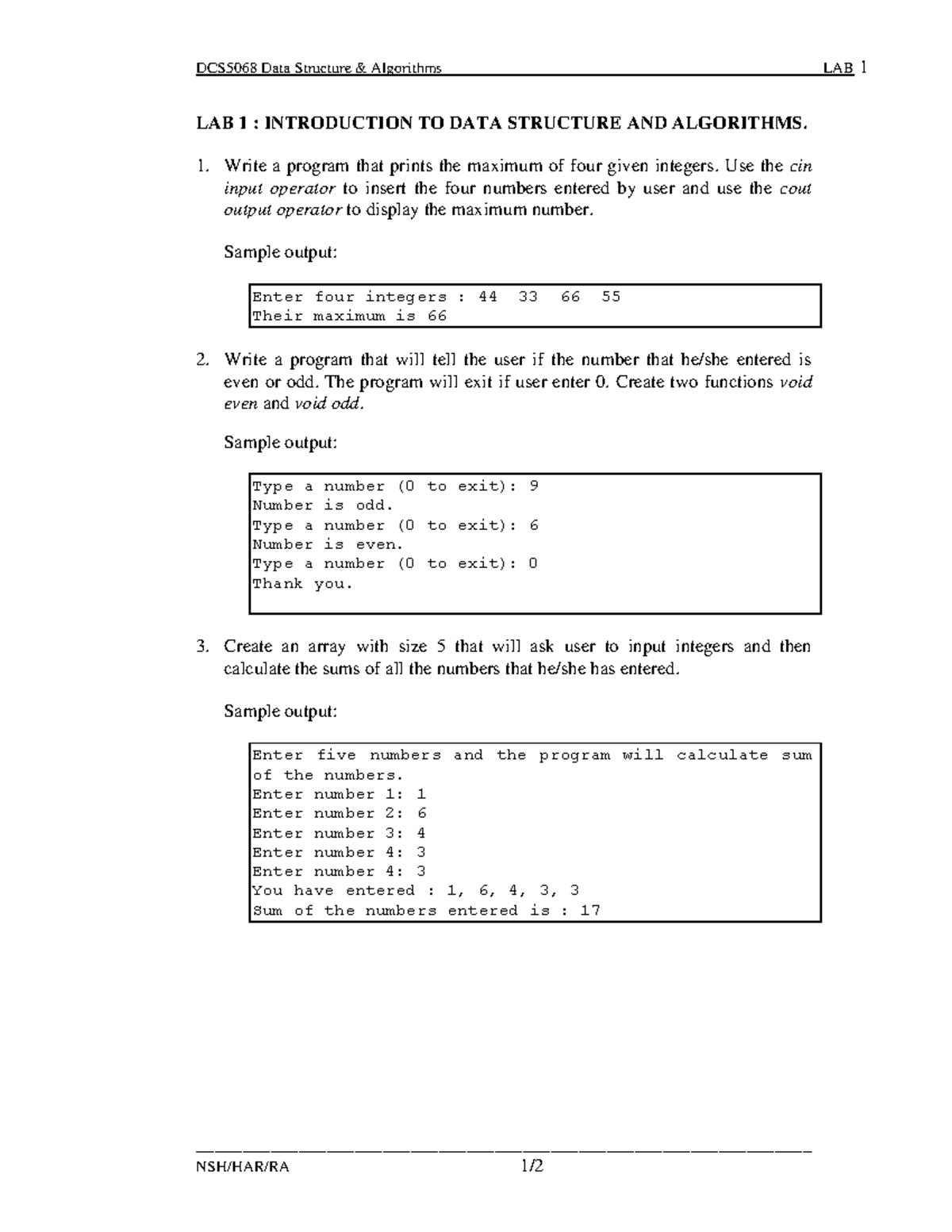 85854 Lab 1 - lab 1 - LAB 1 DCS5068 Data Structure & Algorithms LAB 1 : INTRODUCTION TO DATA ...