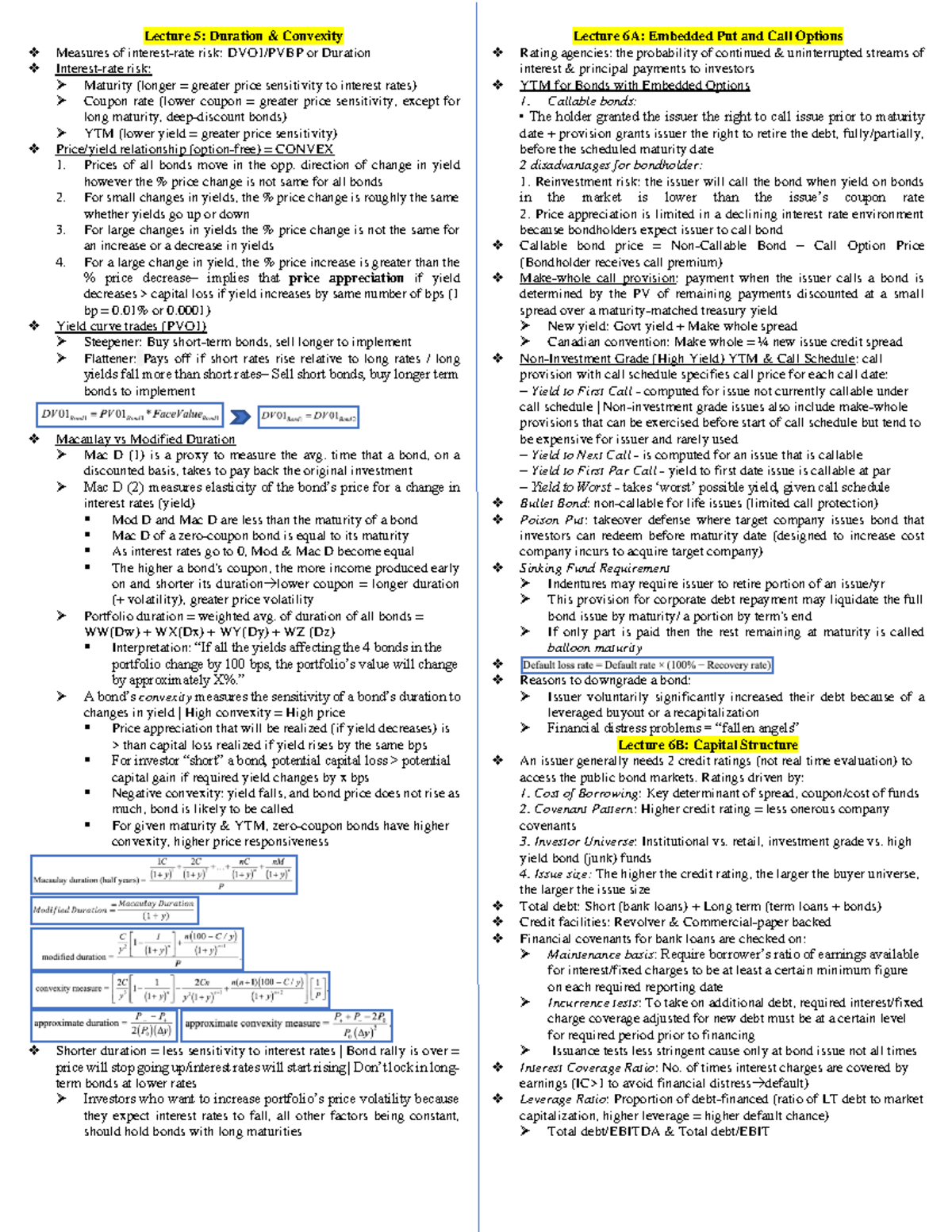 Cheat Sheet RSM430 FInal - Lecture 5: Duration & Convexity Measures of ...
