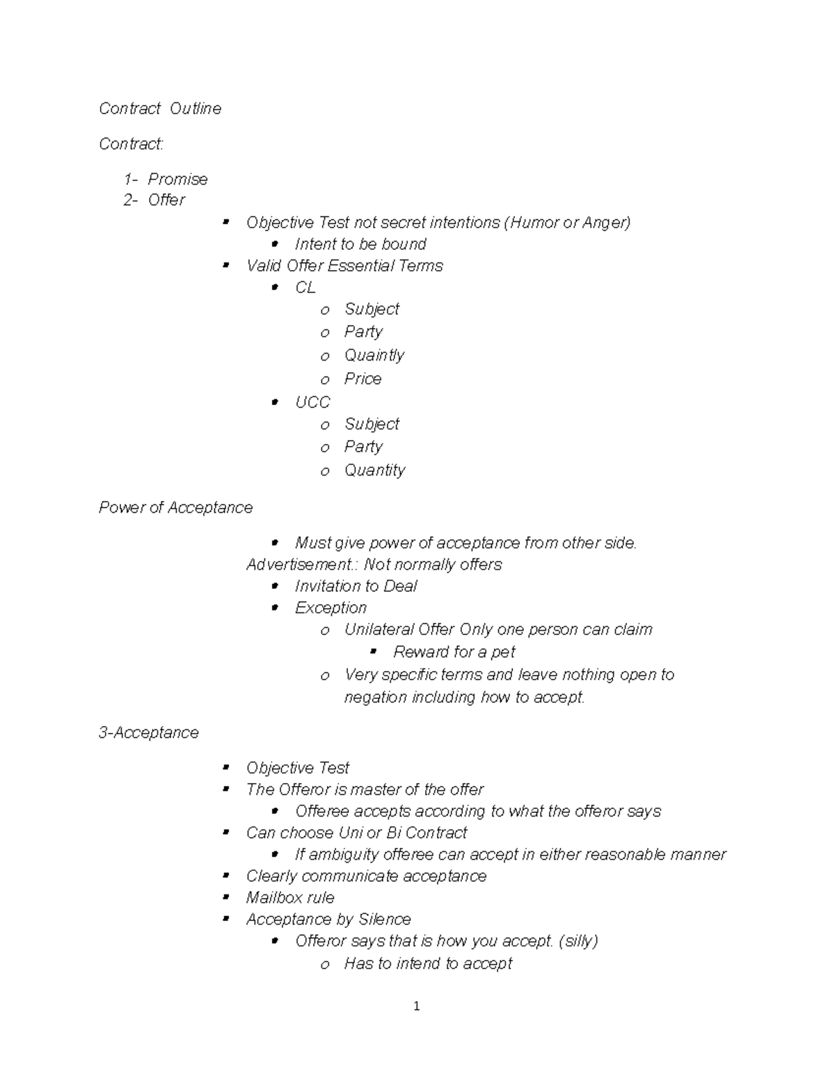 Contract law Outline - Contract Outline Contract: 1- Promise 2- Offer ...