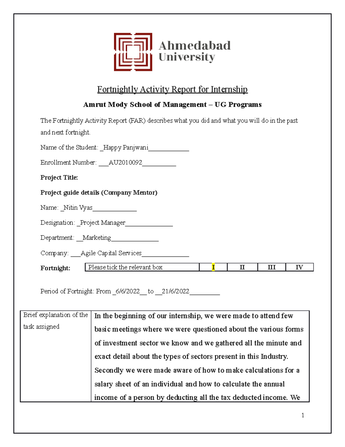 Happy Panjwani fortnight report 1 - Fortnightly Activity Report for ...