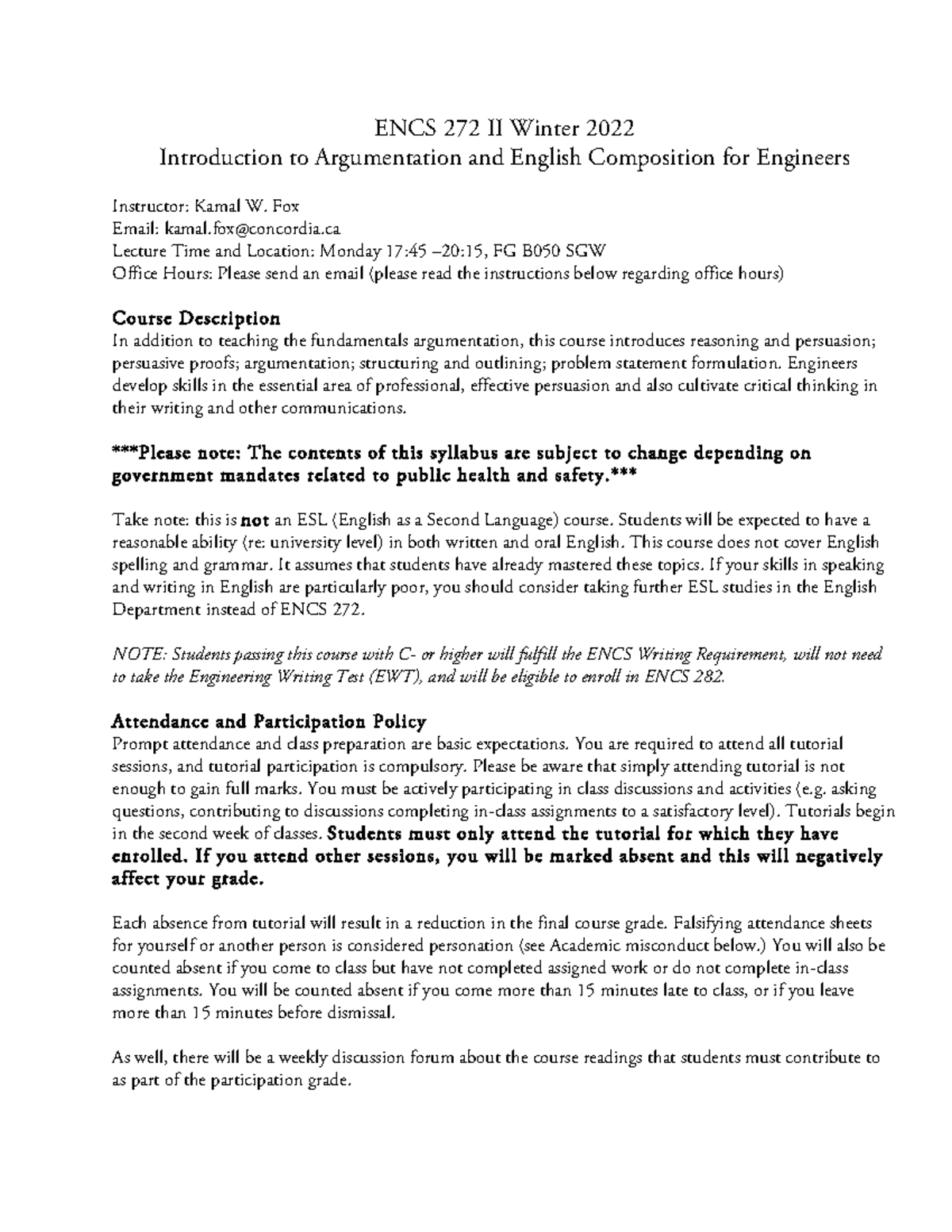 ENCS 272 II syllabus Winter 2022 - ENCS 272 II Winter 2022 Introduction ...