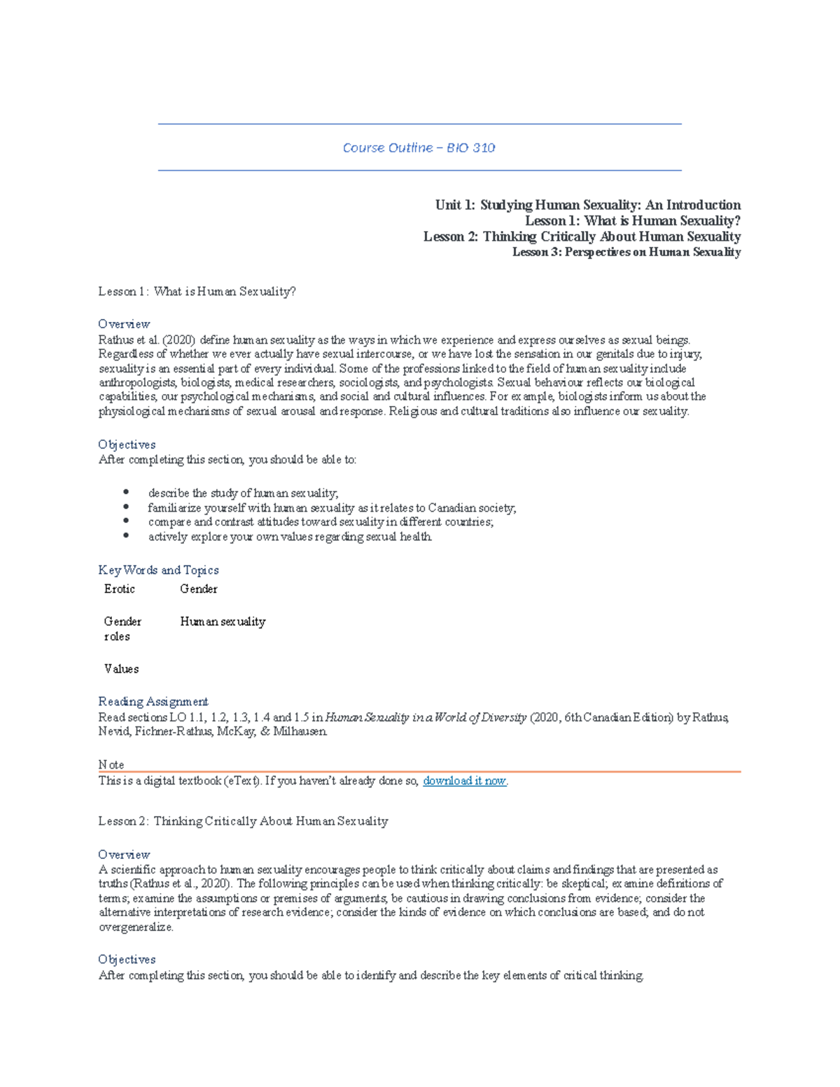 Course Outline - aaaaaaaaaaa - Course Outline – BIO 310 Unit 1 ...