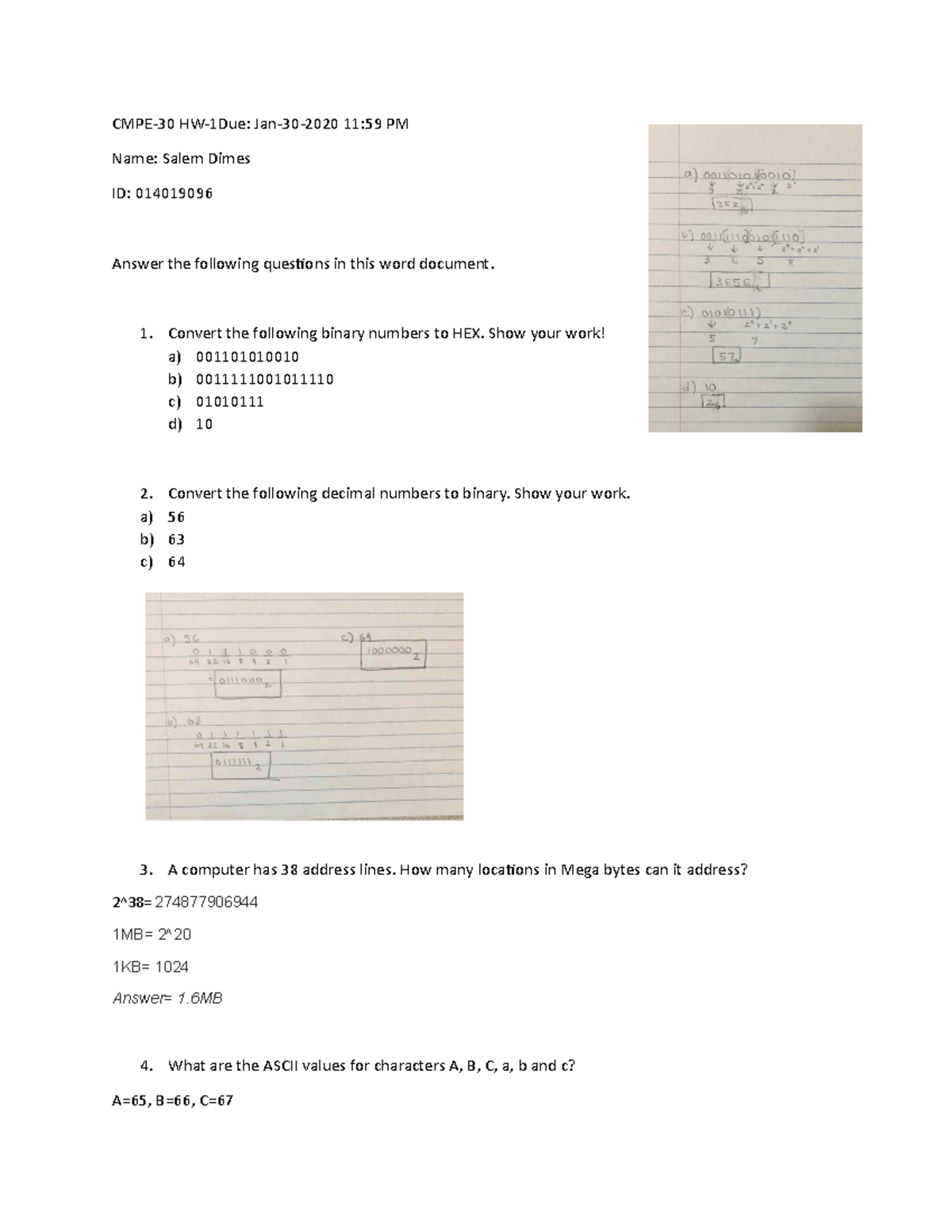 Homework 1 3 Binary To Hex Bits Cmpe 30 Hw 1due Jan 30 2020 1159 Pm Name Salem Dimes Id