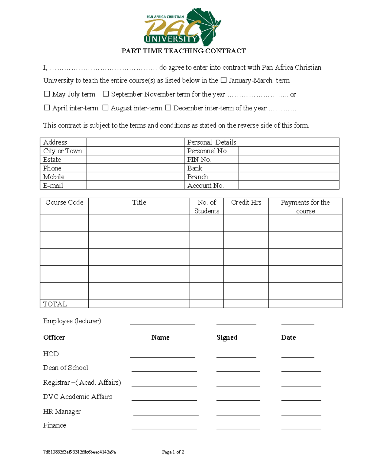 Adjunct Claim Form - PART TIME TEACHING CONTRACT I