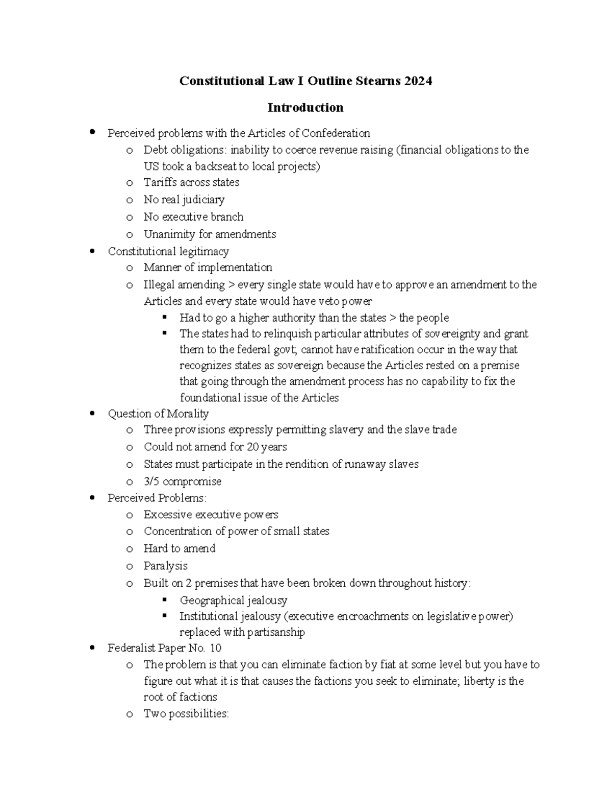 Constitutional Law Outline - Constitutional Law I Outline Stearns 2024 ...