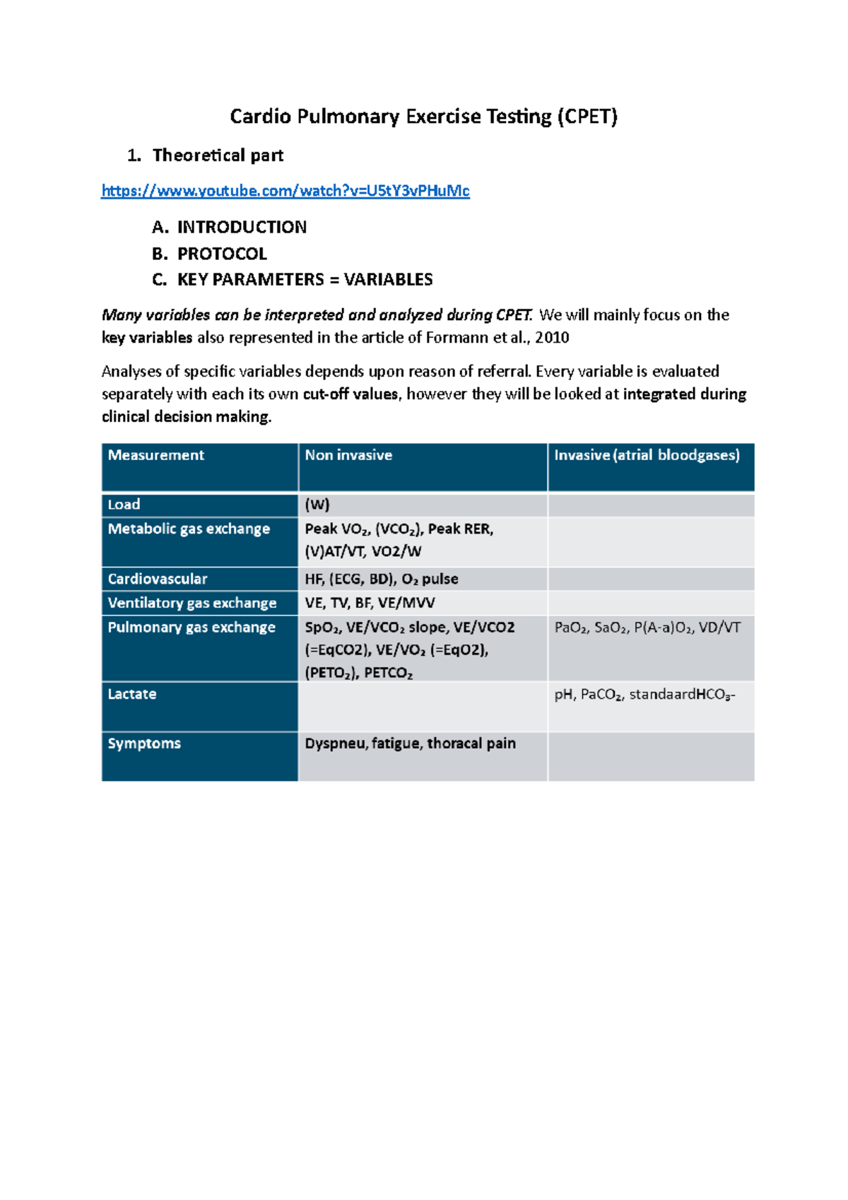 Samenvatting CPET - caradiorespiratoire - Cardio Pulmonary Exercise ...