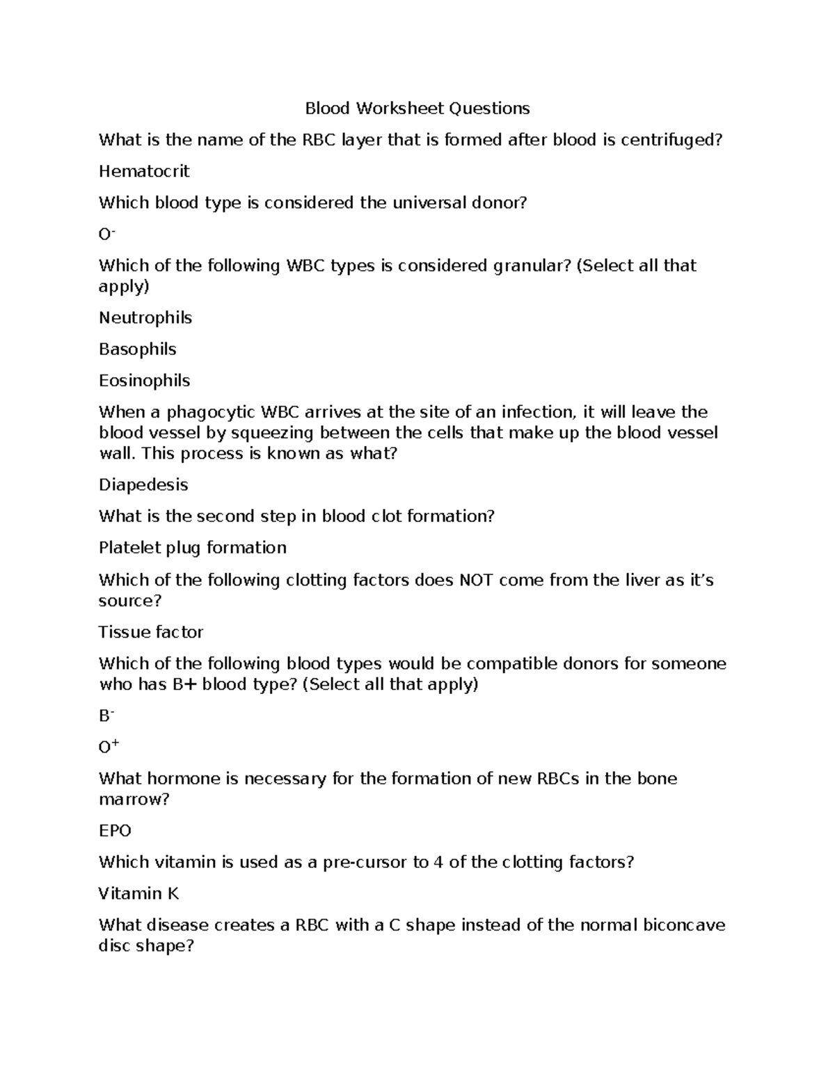 Week 1 Blood Worksheet Questions - Blood Worksheet Questions What is ...