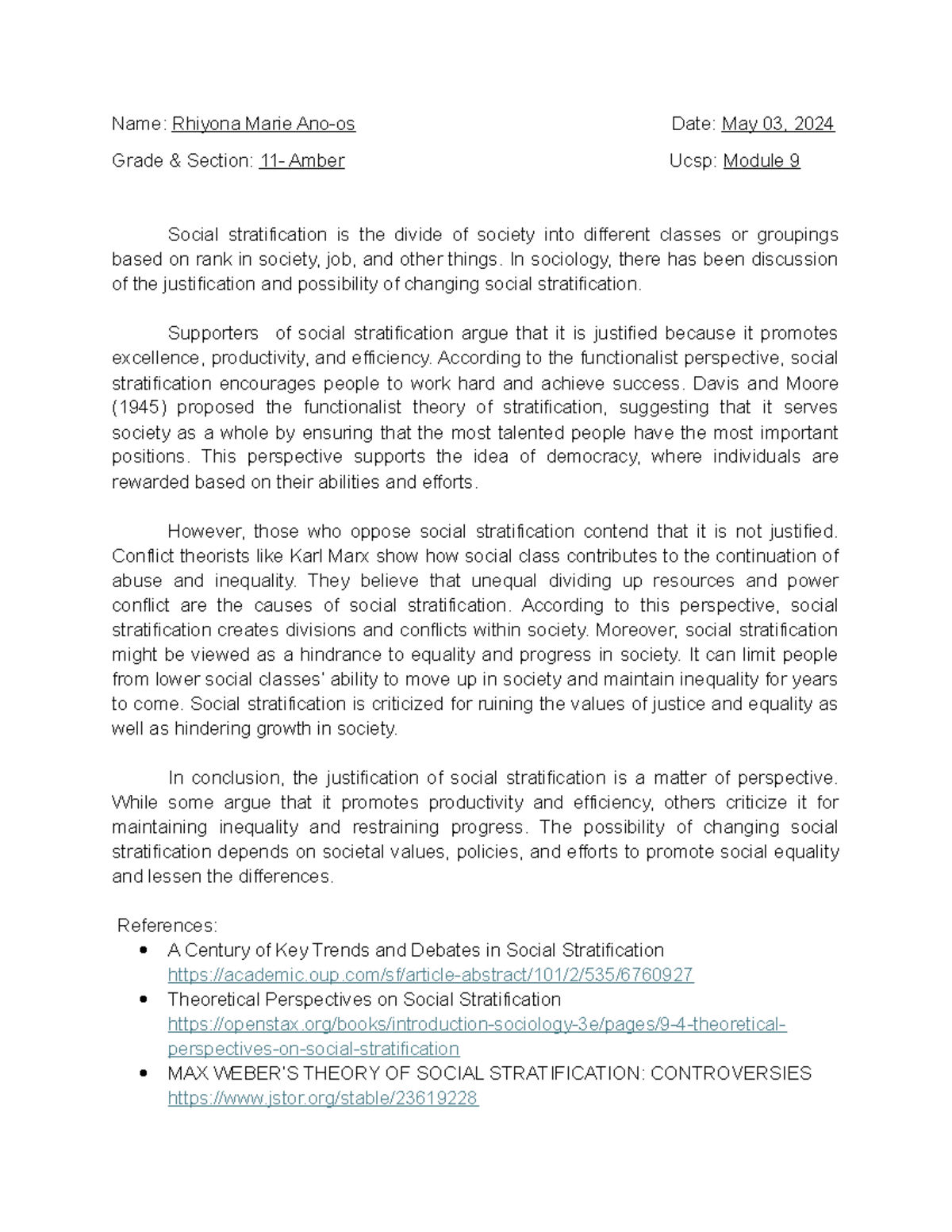 UCSP - Essay Module 9 - Name: Rhiyona Marie Ano-os Date: May 03, 2024 ...