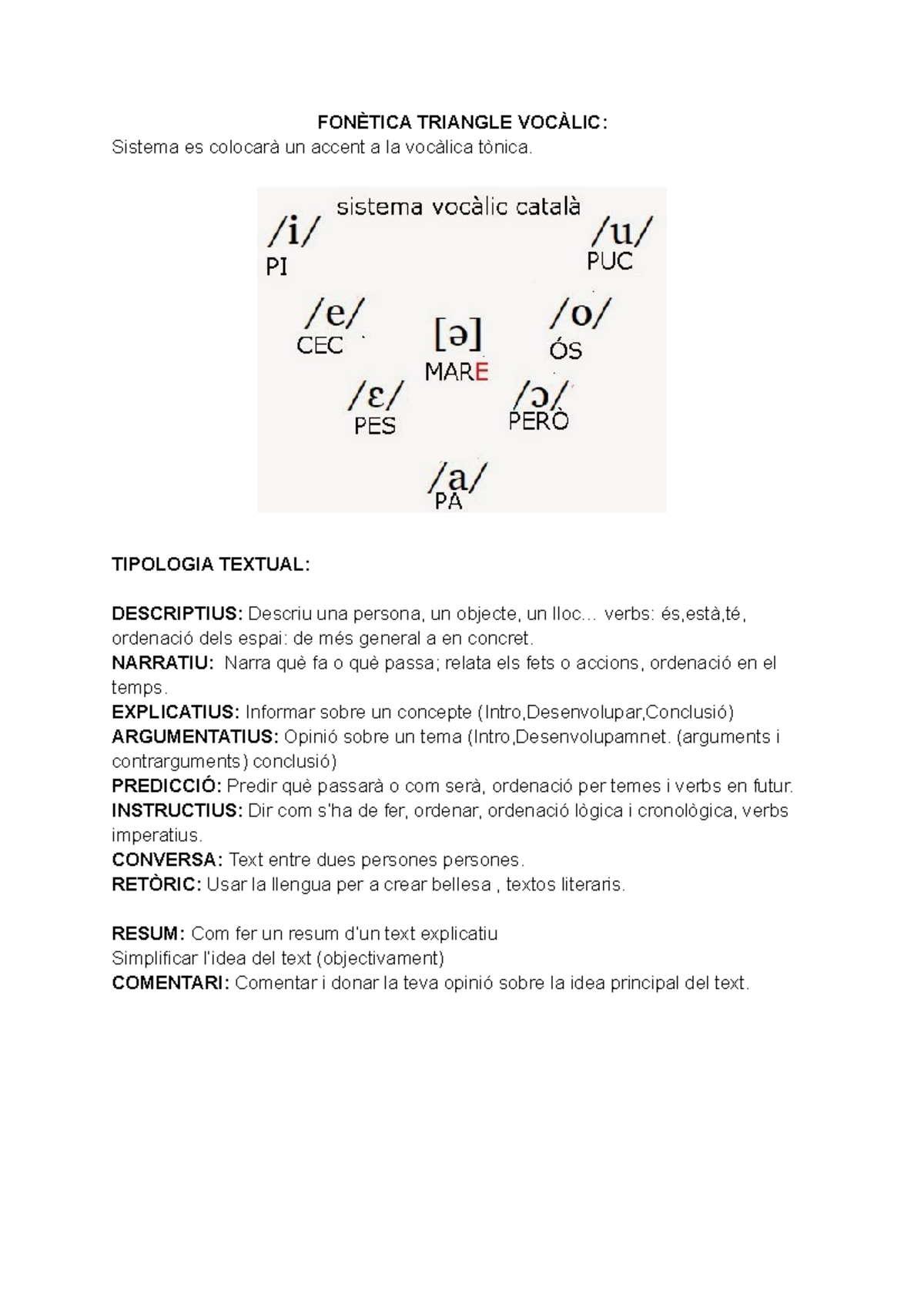 Català Trimestral - Resum - FONÈTICA TRIANGLE VOCÀLIC: Sistema es ...