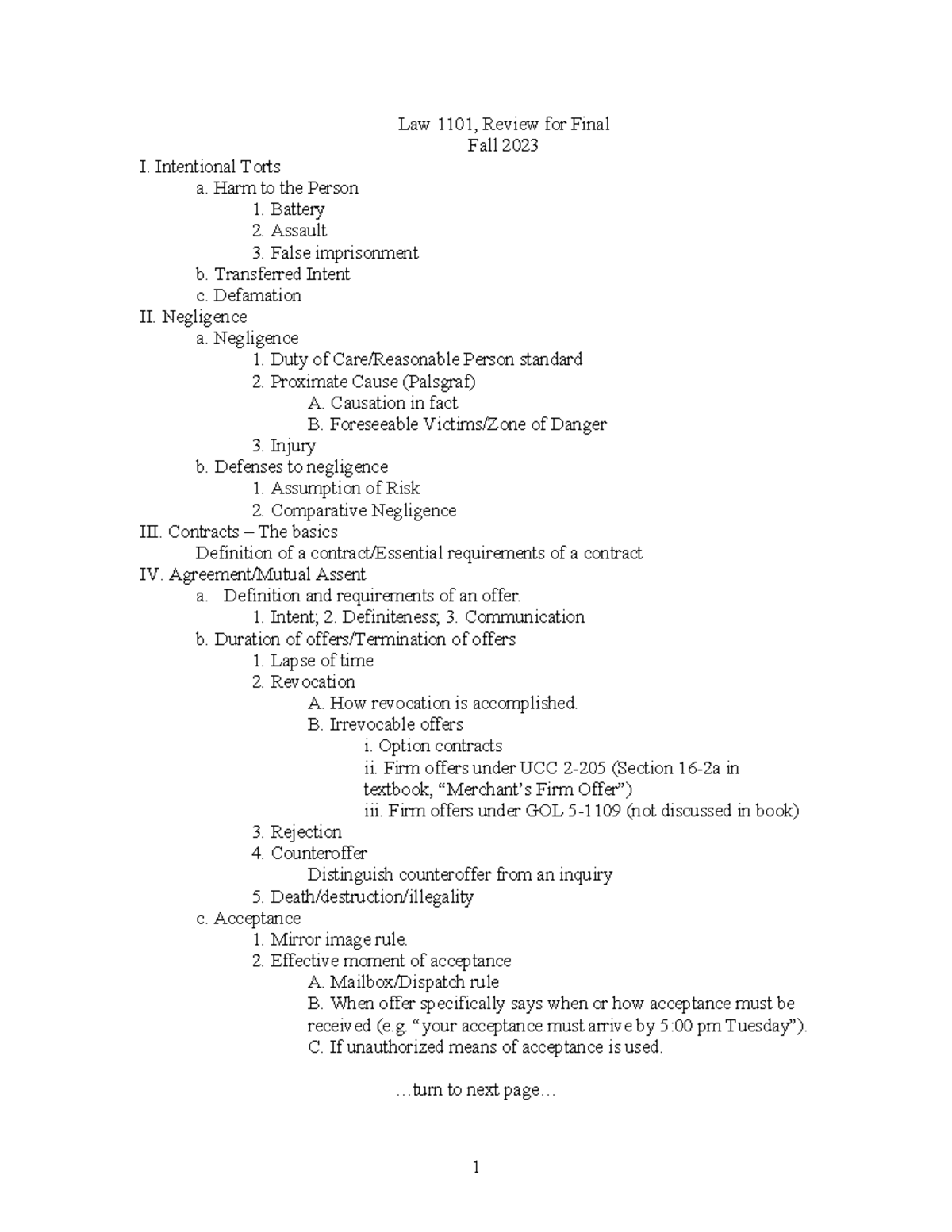 Final Exam Outline - Law 1101, Review for Final Fall 2023 I ...