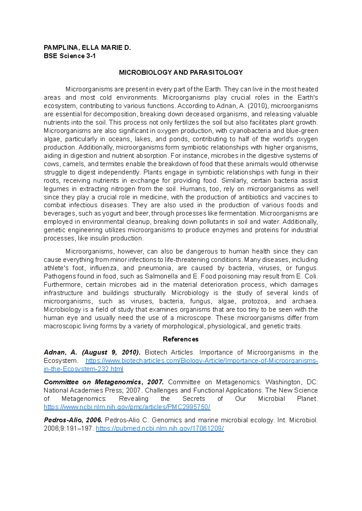 Microbiology and Parasitology essay - PAMPLINA, ELLA MARIE D. BSE ...