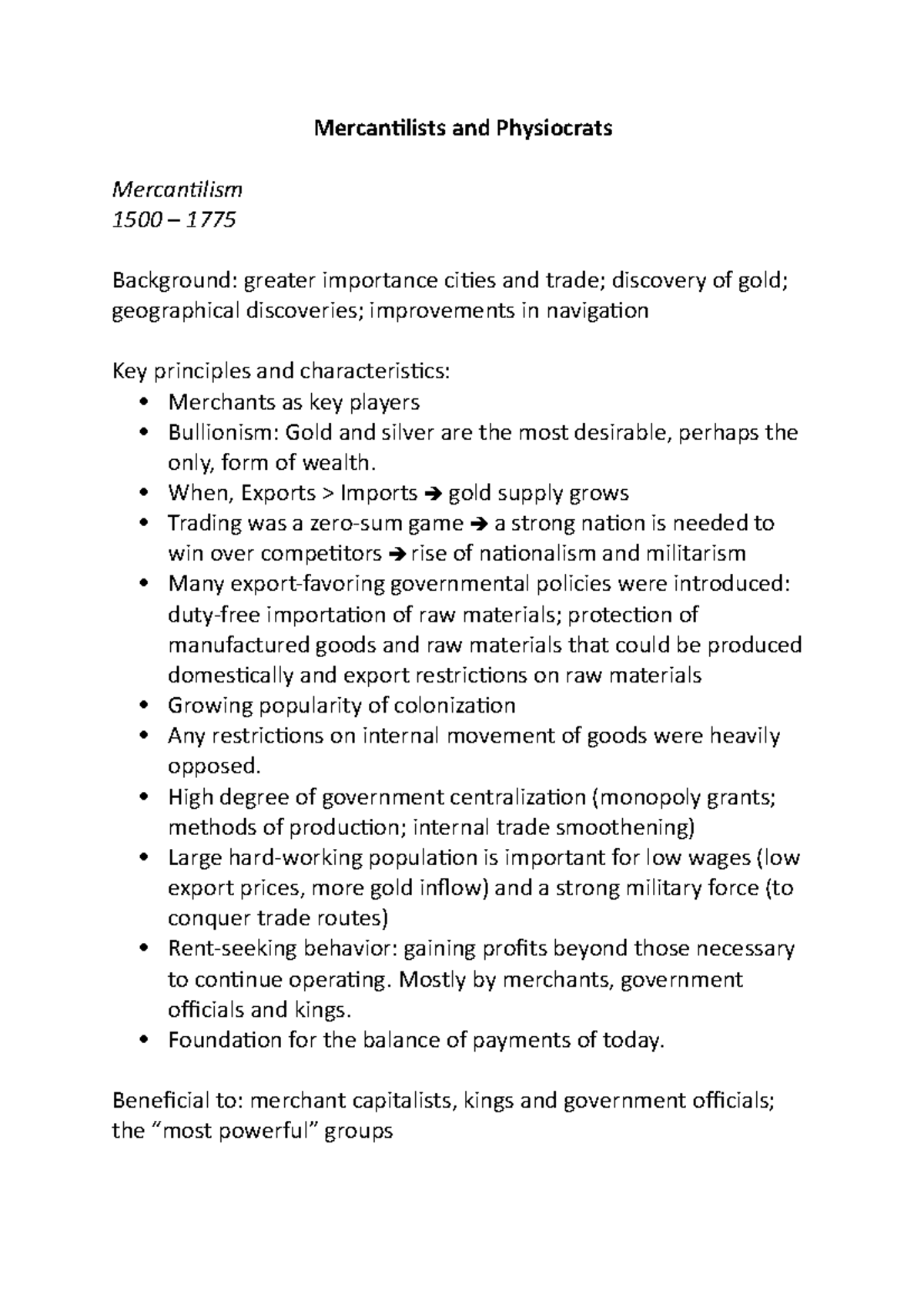 Summary History of Economics - Mercantilists and Physiocrats ...